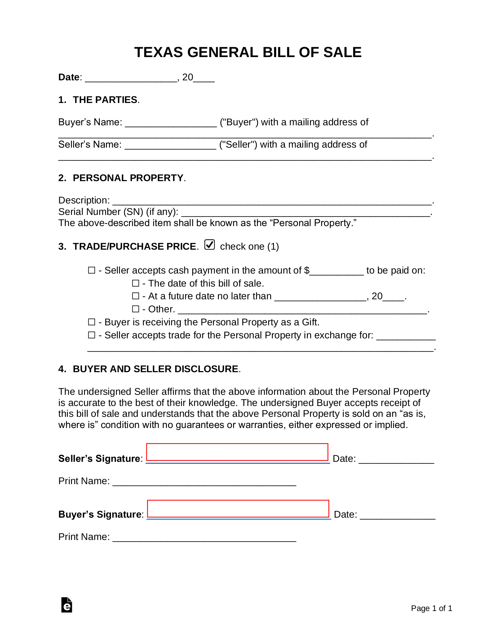 Free Bill Of Sale Texas Template Printable Templates