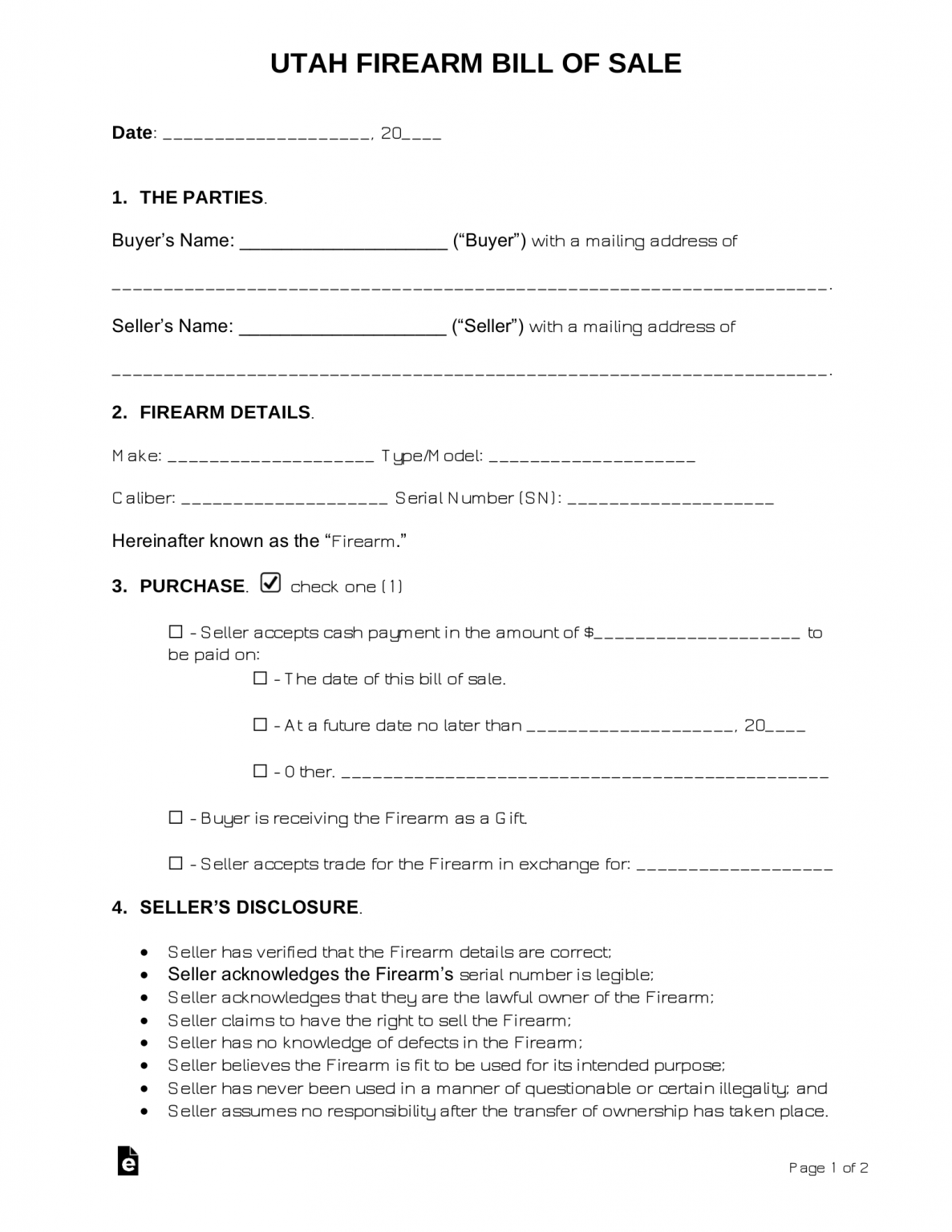 Free Utah Firearm Bill of Sale Template - PDF | Word – eForms