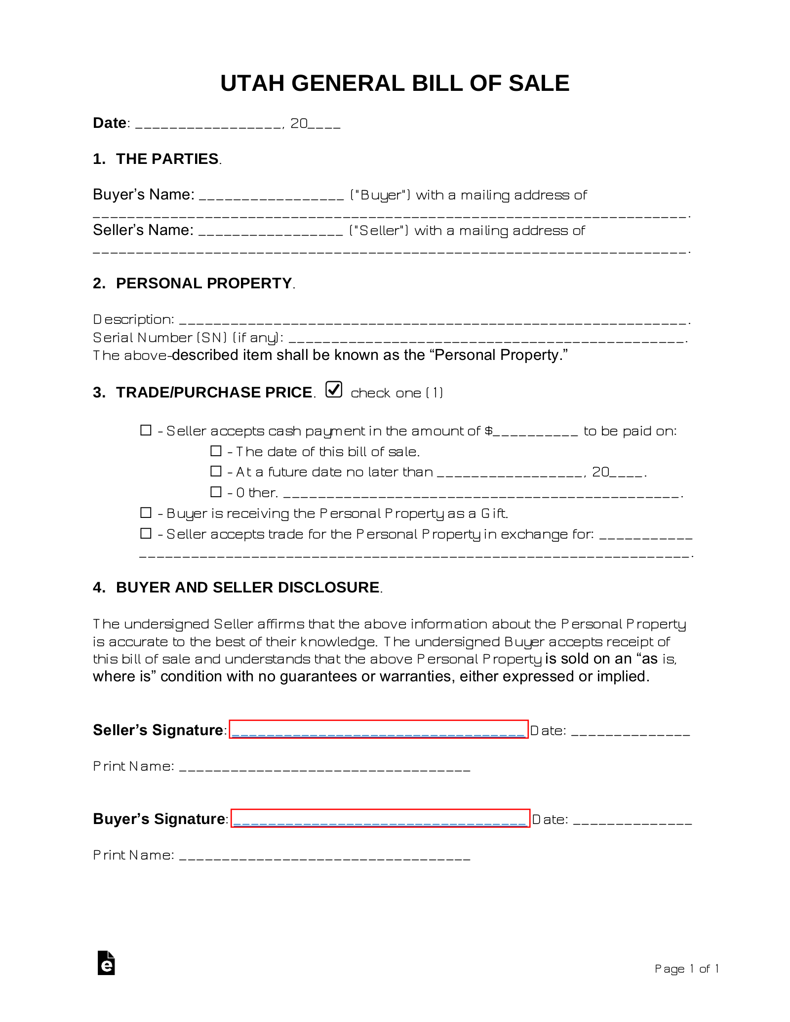 Free Utah General Bill Of Sale Form Word PDF EForms