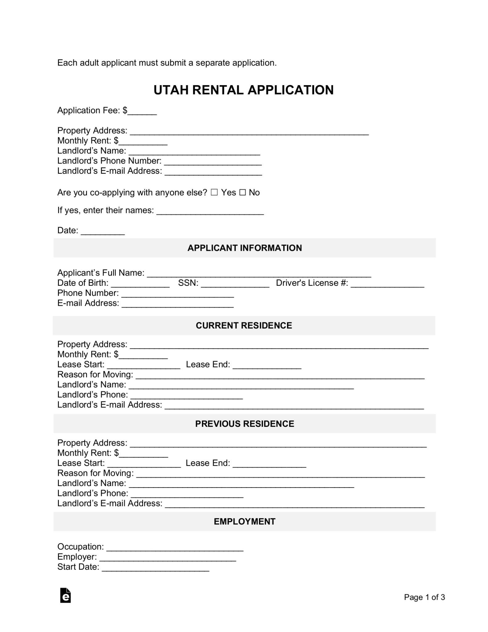 Free Utah Rental Application Template - PDF | Word – eForms