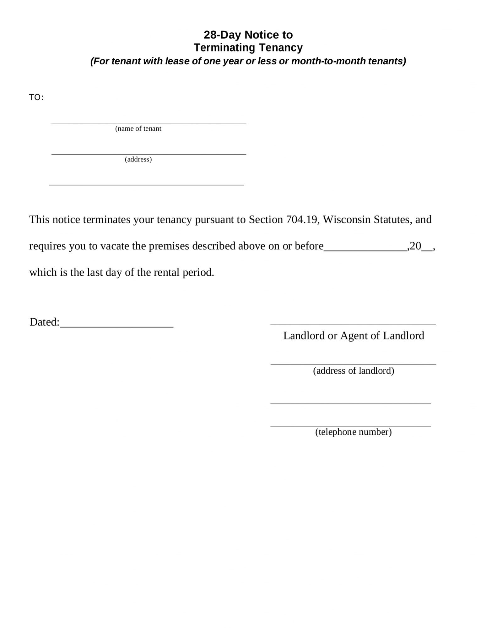 Free Wisconsin Lease Termination Letter Form | 28-Day Notice - PDF ...
