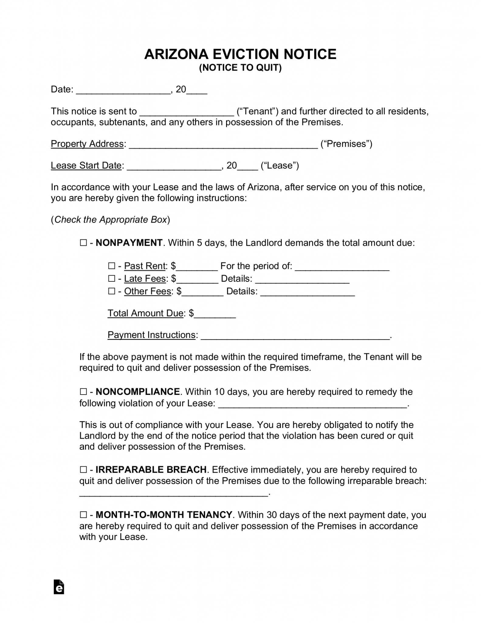 Free Arizona Eviction Notice Forms (5) - PDF | Word – eForms