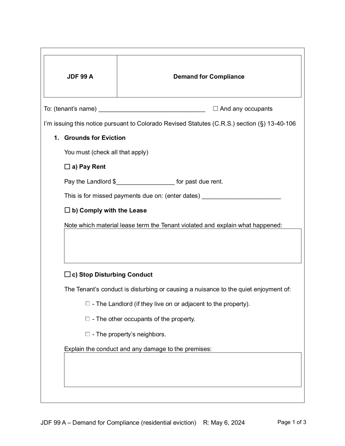 Free Colorado Notice to Quit Form (JDF 99 A) | Unpaid Rent or Violation ...