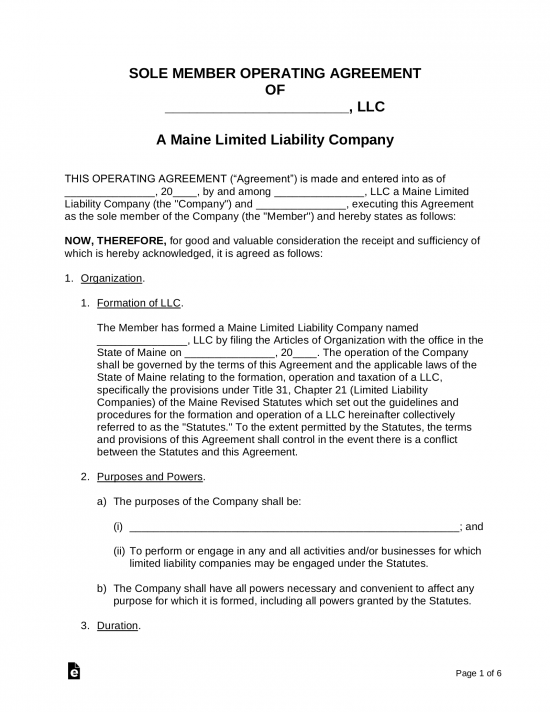 Free Maine Single Member LLC Operating Agreement Form PDF Word EForms