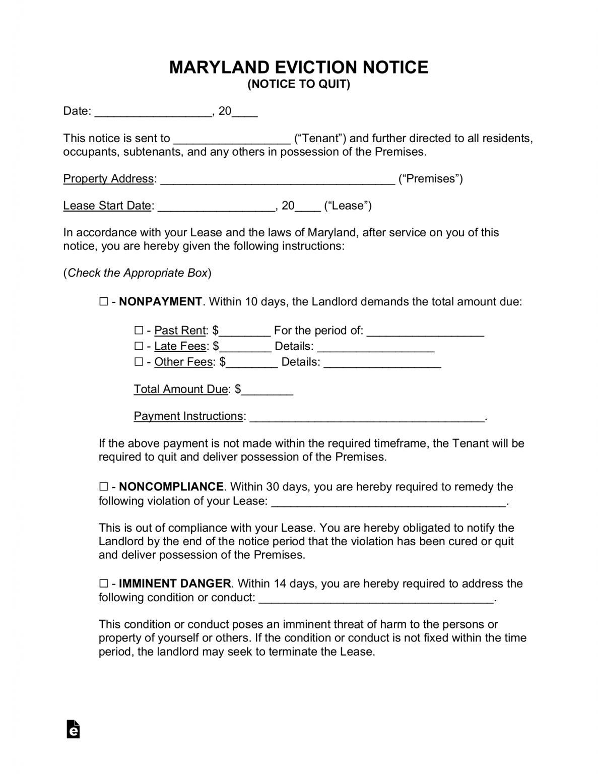 Free Maryland Eviction Notice Forms (4) - PDF | Word – eForms