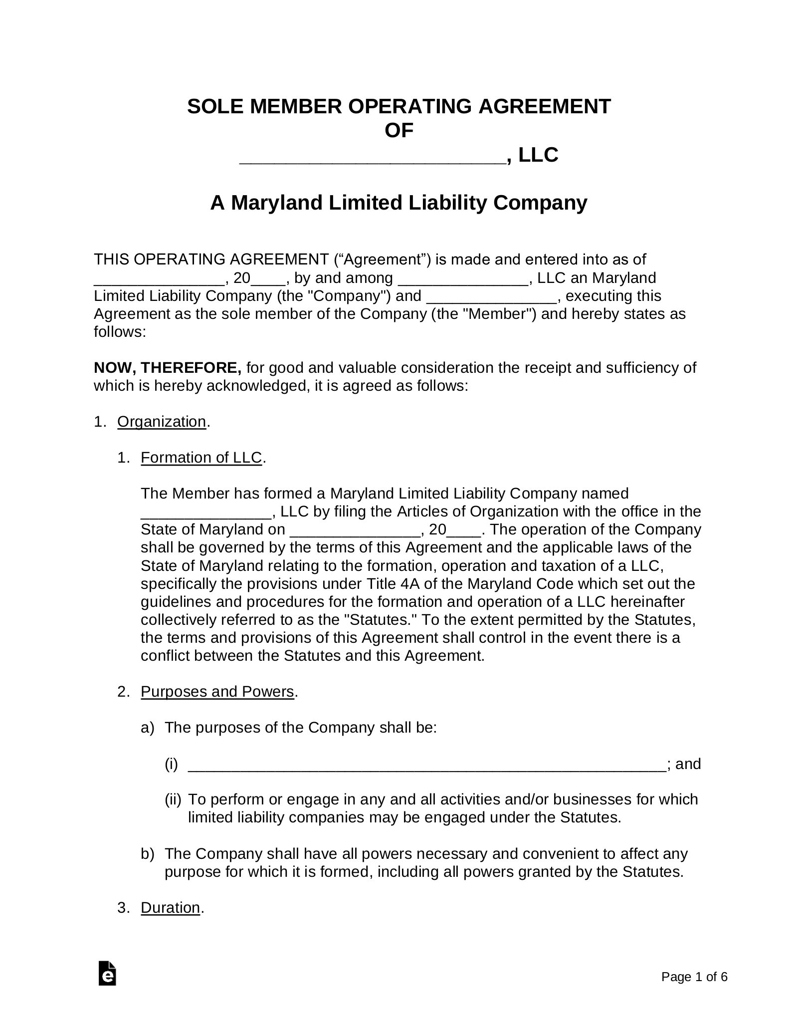 Maryland Single Member LLC Operating Agreement Form EForms