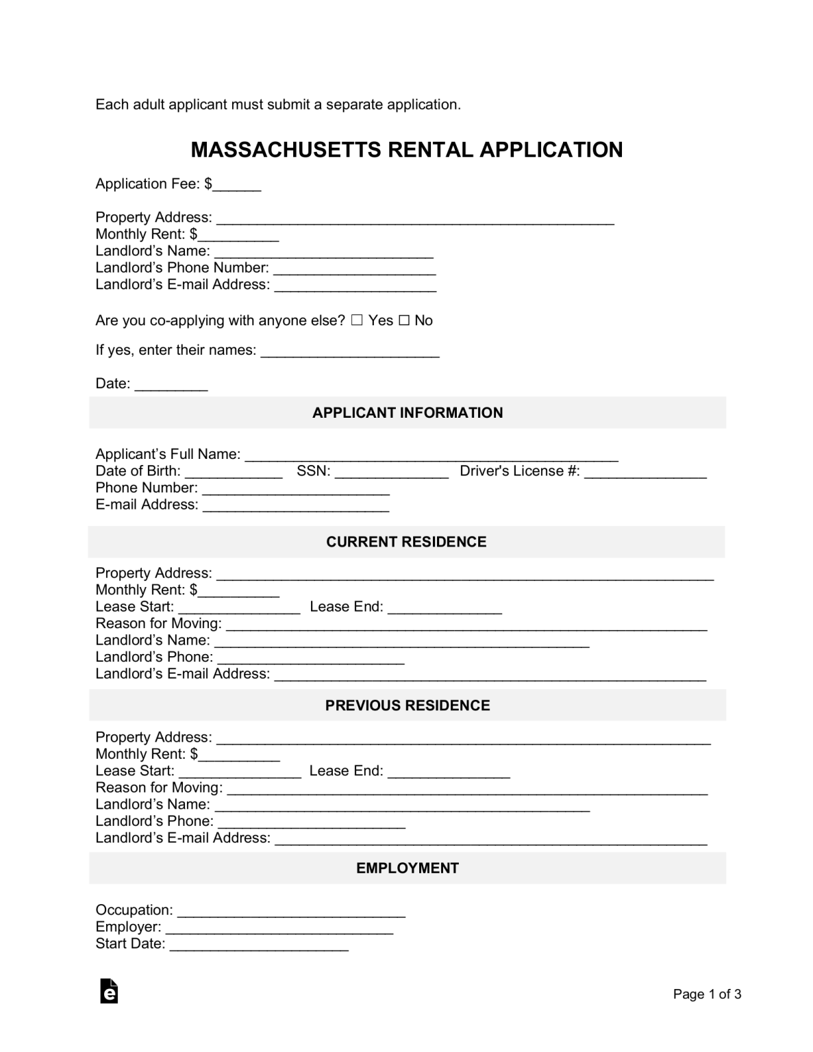 Free Massachusetts Rental Application Template - PDF | Word – eForms