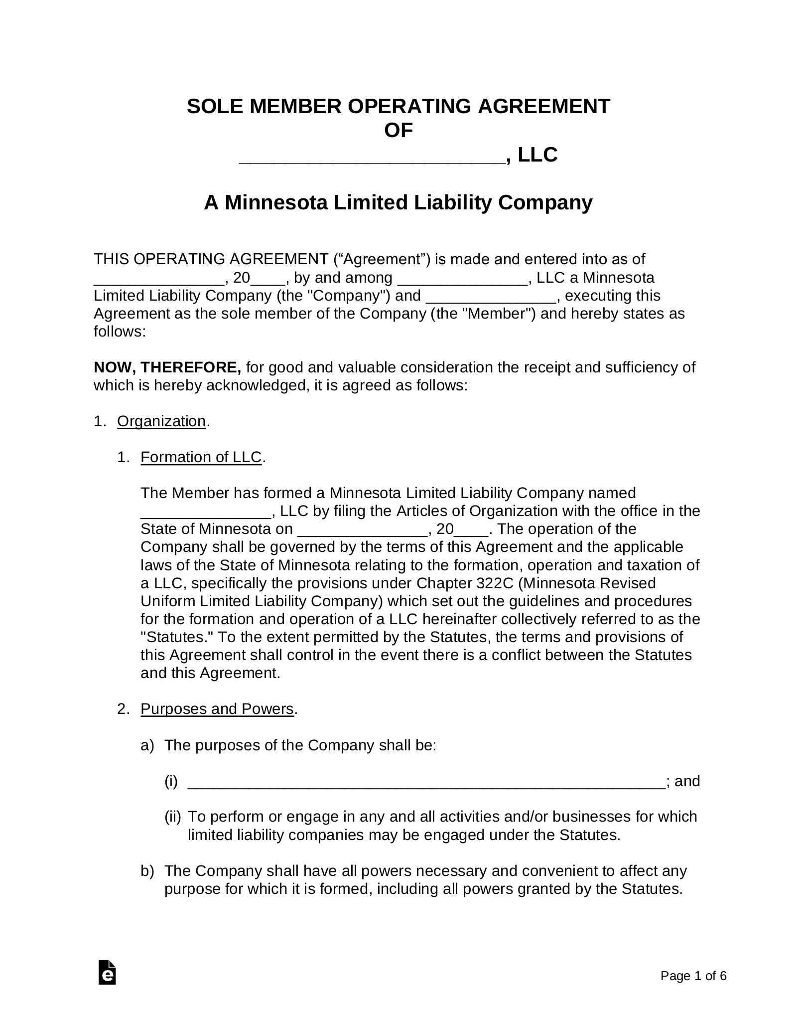 Free Minnesota Single Member LLC Operating Agreement Form PDF Word 