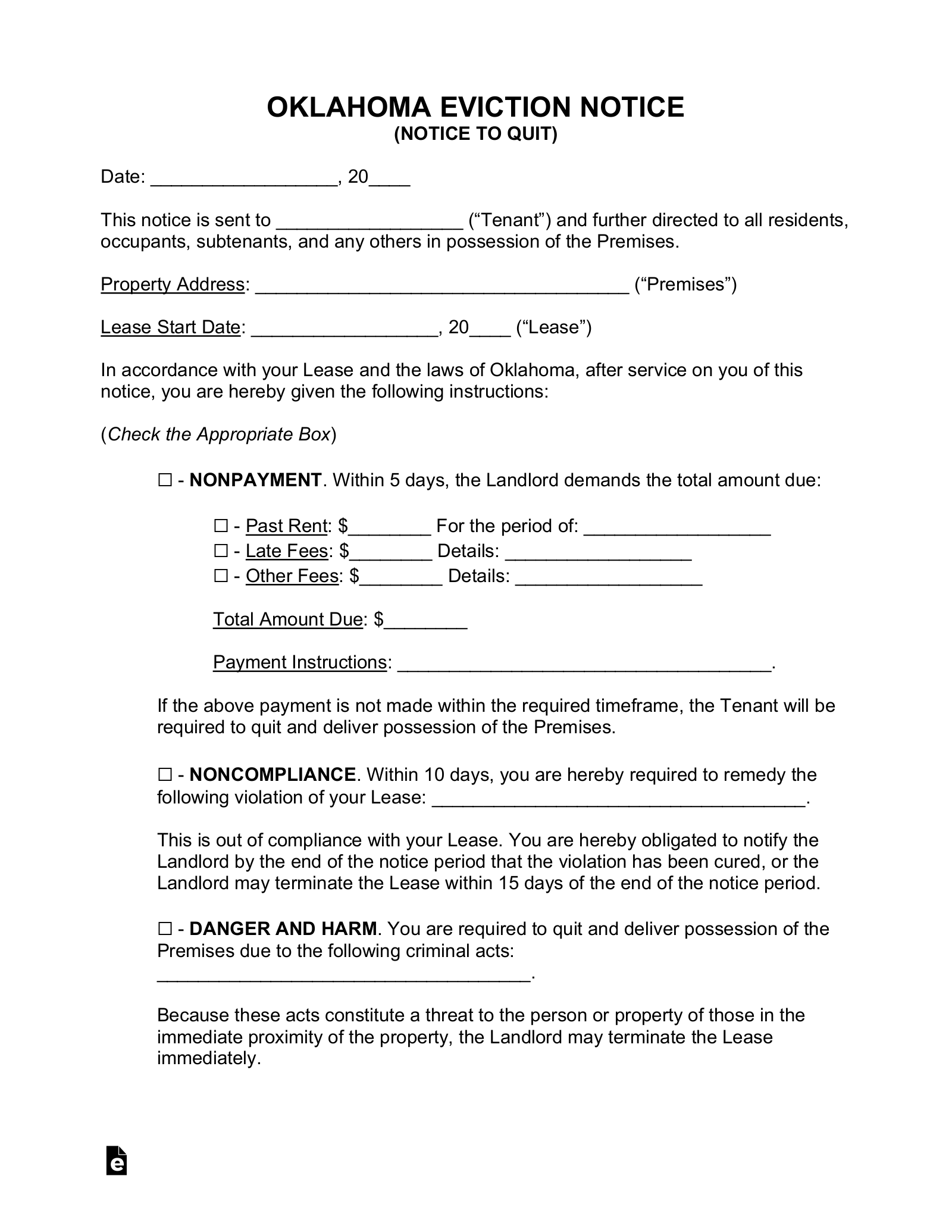 Free Oklahoma Eviction Notice Forms Notice To Quit Free Oklahoma 