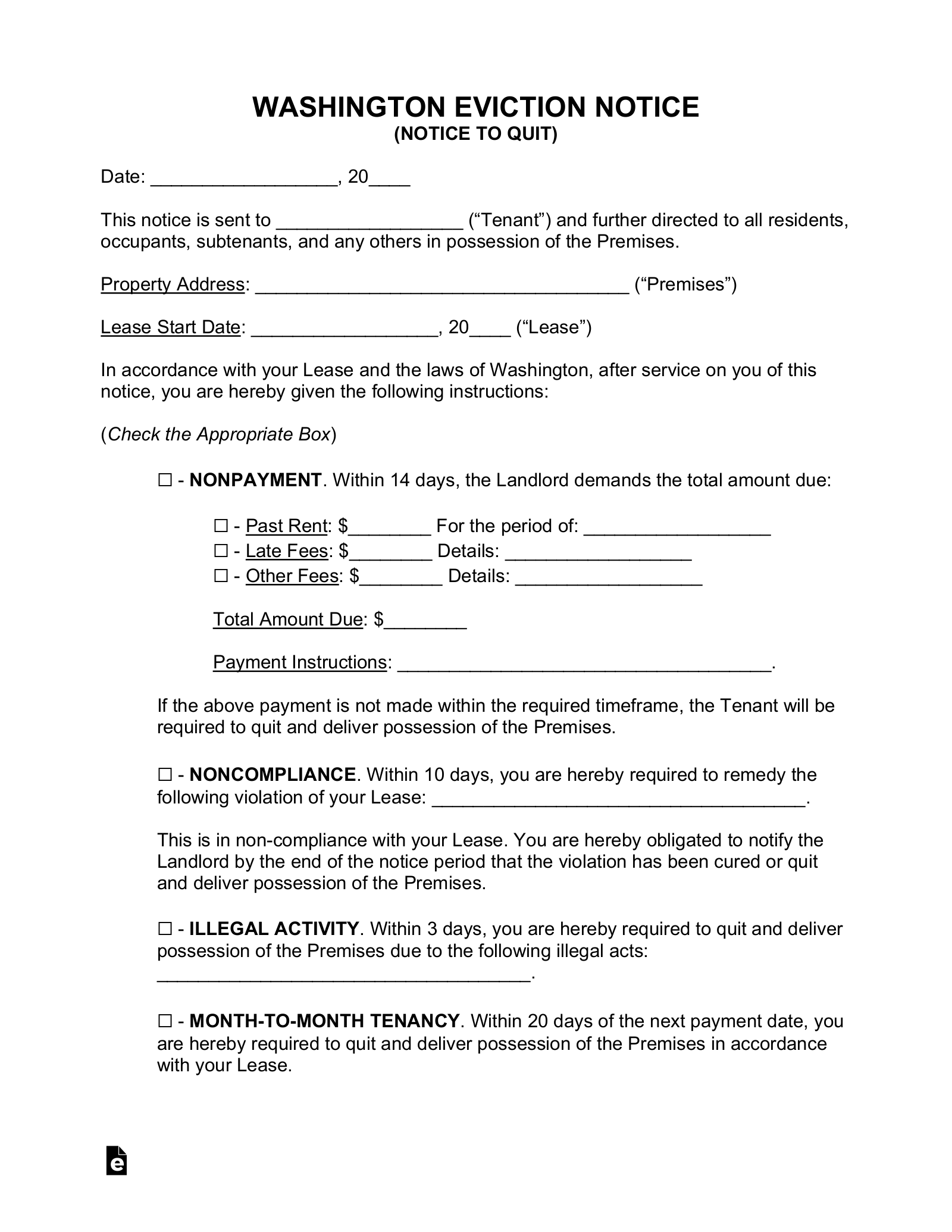 Free Washington Eviction Notice Forms 4 PDF Word EForms