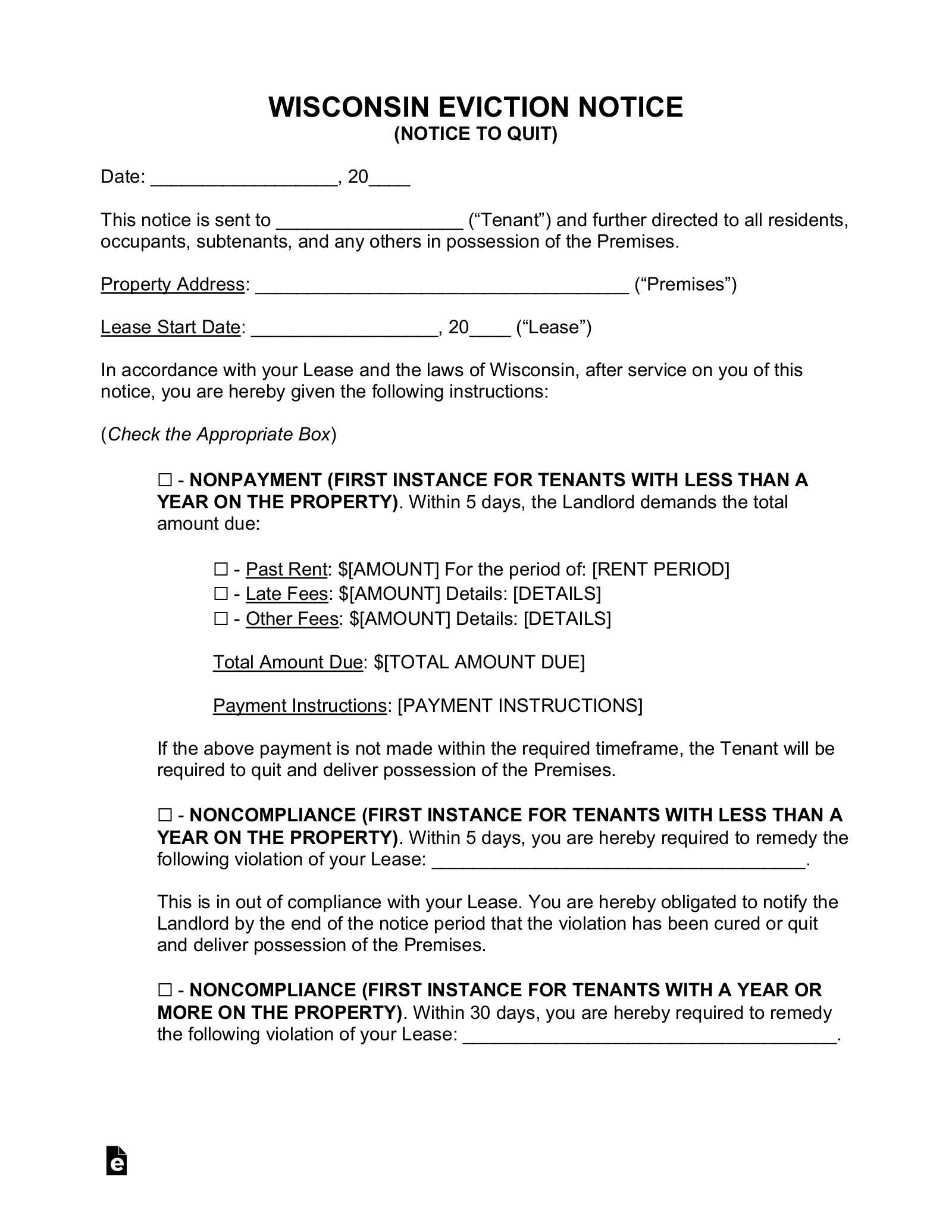 Free Wisconsin Eviction Notice Forms 4 PDF Word EForms