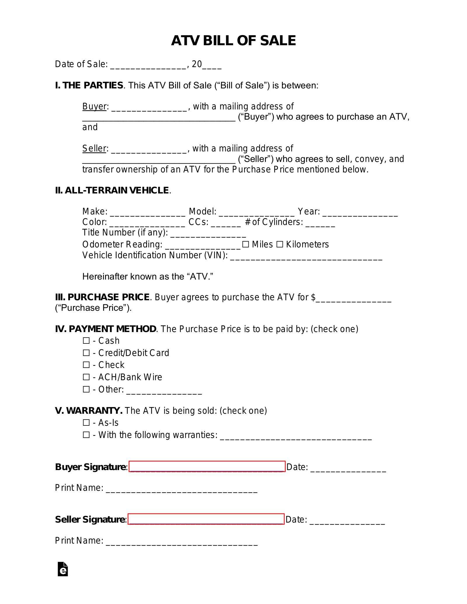 Printable Atv Bill Of Sale Printable World Holiday