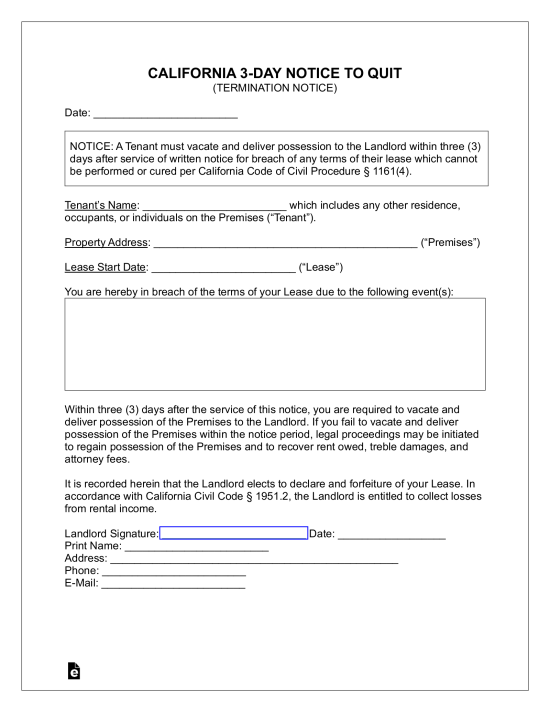 Free California 3 Day Notice To Quit Form Non Compliance Curable