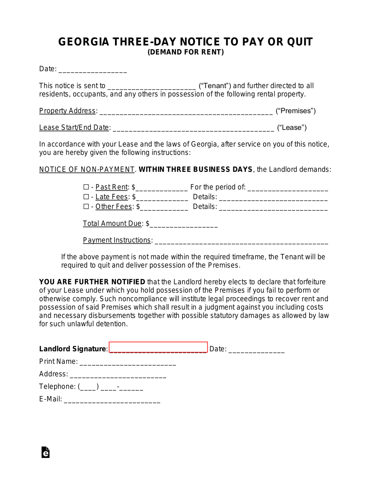 Free Georgia 3-Day Notice to Quit | Non-Payment of Rent - PDF | Word – eForms