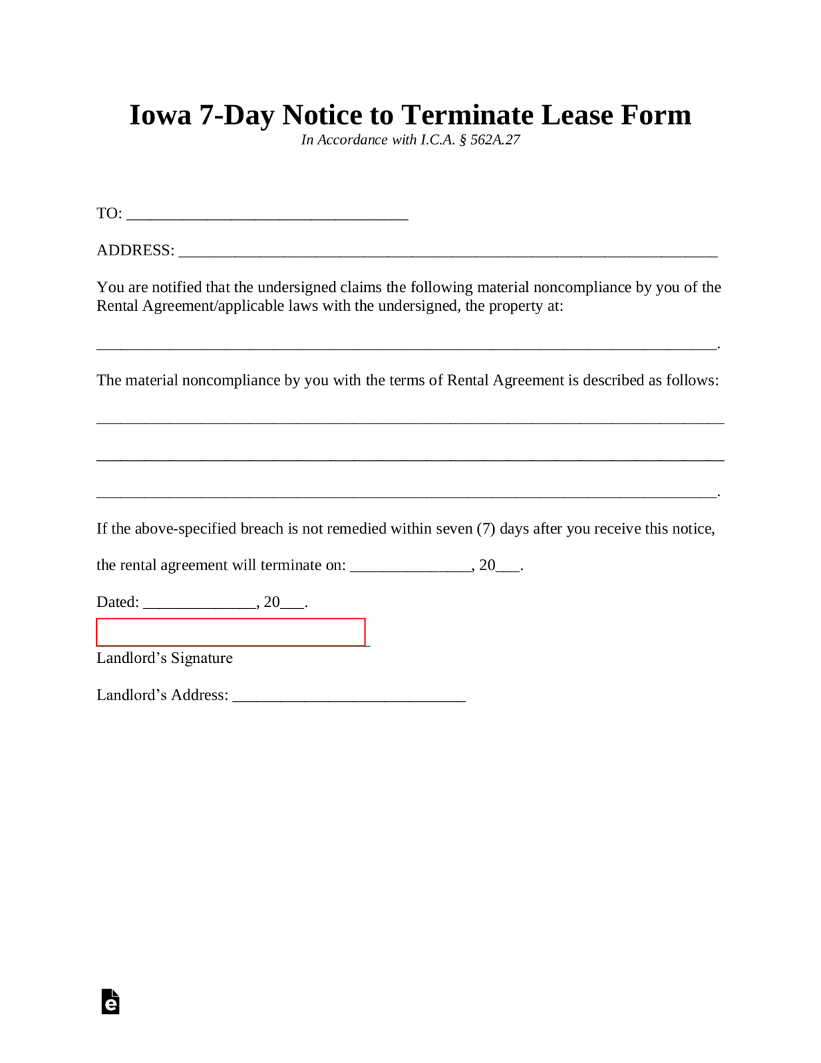 Free Iowa 7-Day Notice to Quit Form | Non-Compliance - PDF – eForms