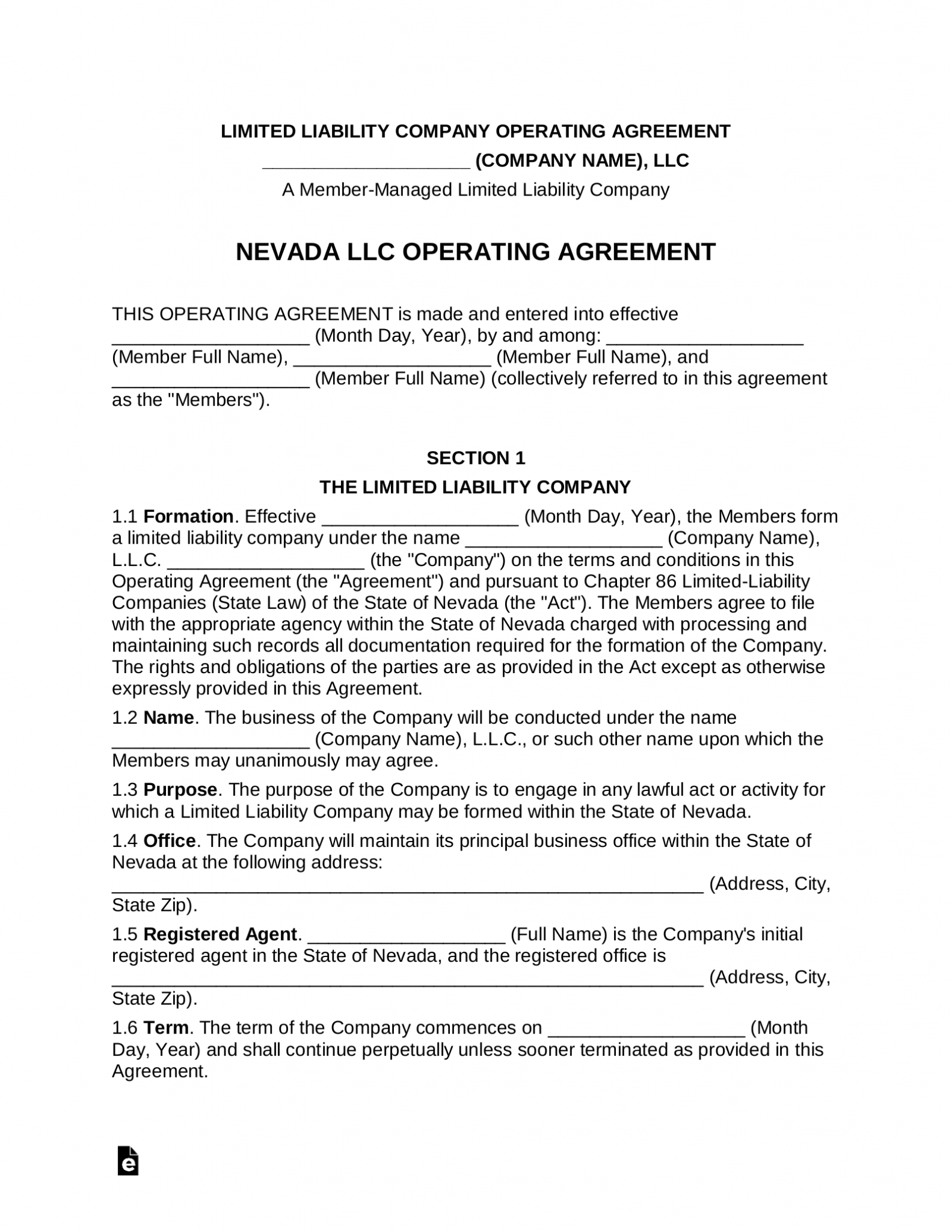 Free Nevada Multi-Member LLC Operating Agreement - PDF | Word – eForms