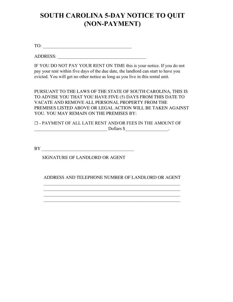 Free South Carolina 5 Day Notice To Quit Form Non Payment PDF EForms