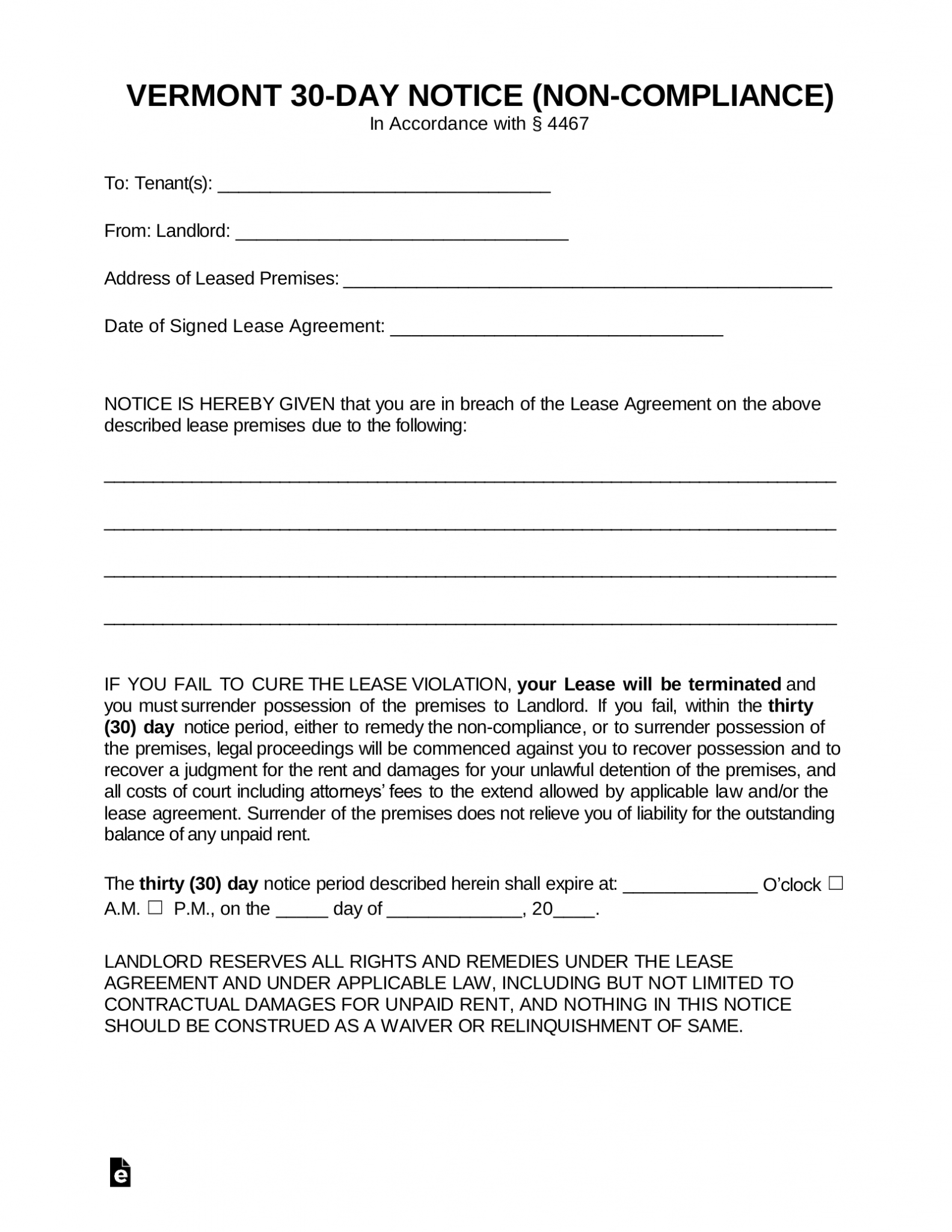 Free Vermont 30-Day Notice to Quit Form | Non-Compliance - PDF | Word ...
