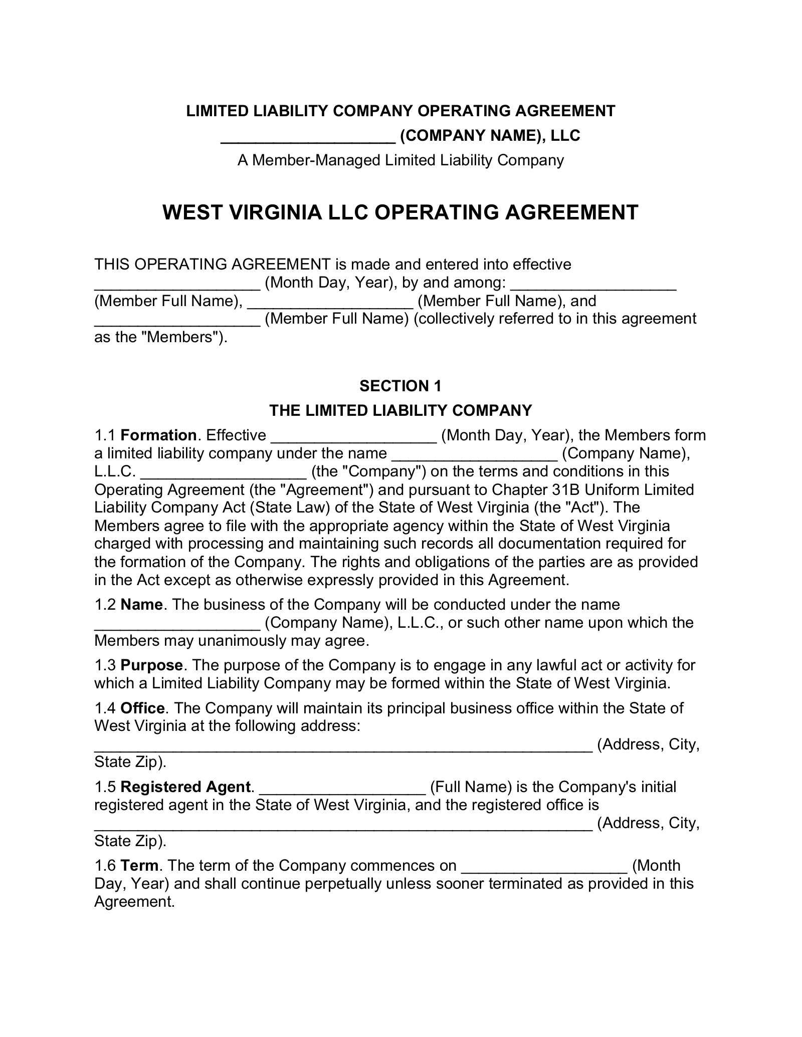 Free West Virginia Multi Member LLC Operating Agreement Form PDF 