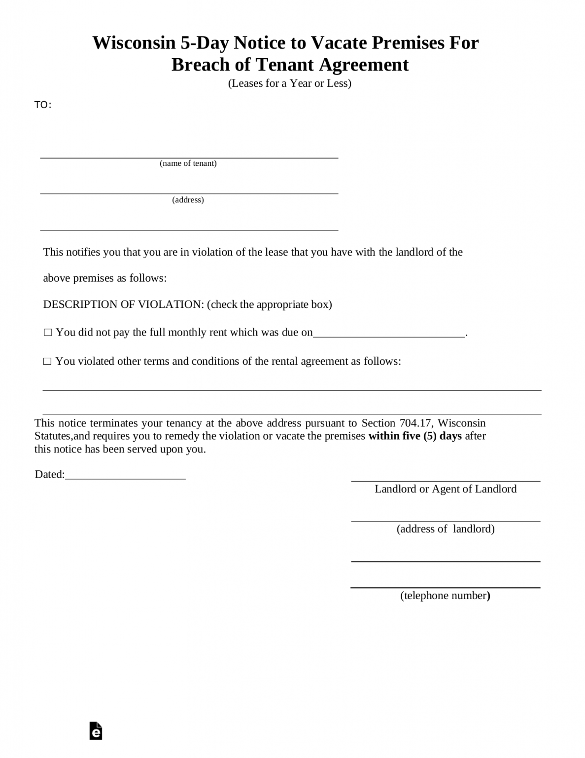 Free Wisconsin 5-Day Notice to Quit | 1st Violation - PDF | Word – eForms