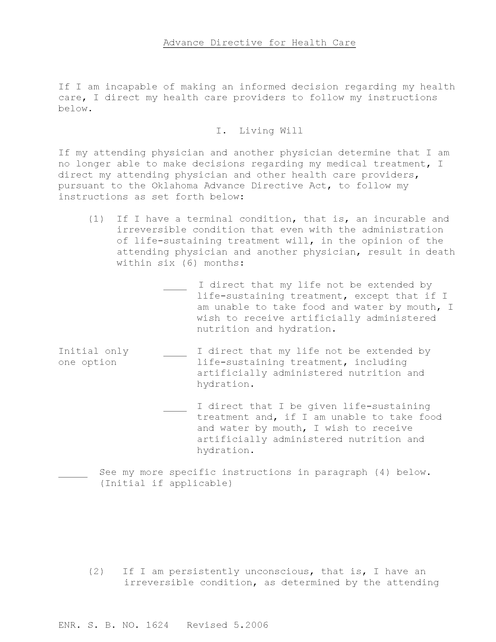 Free Oklahoma Advance Directive Form Template - PDF – eForms