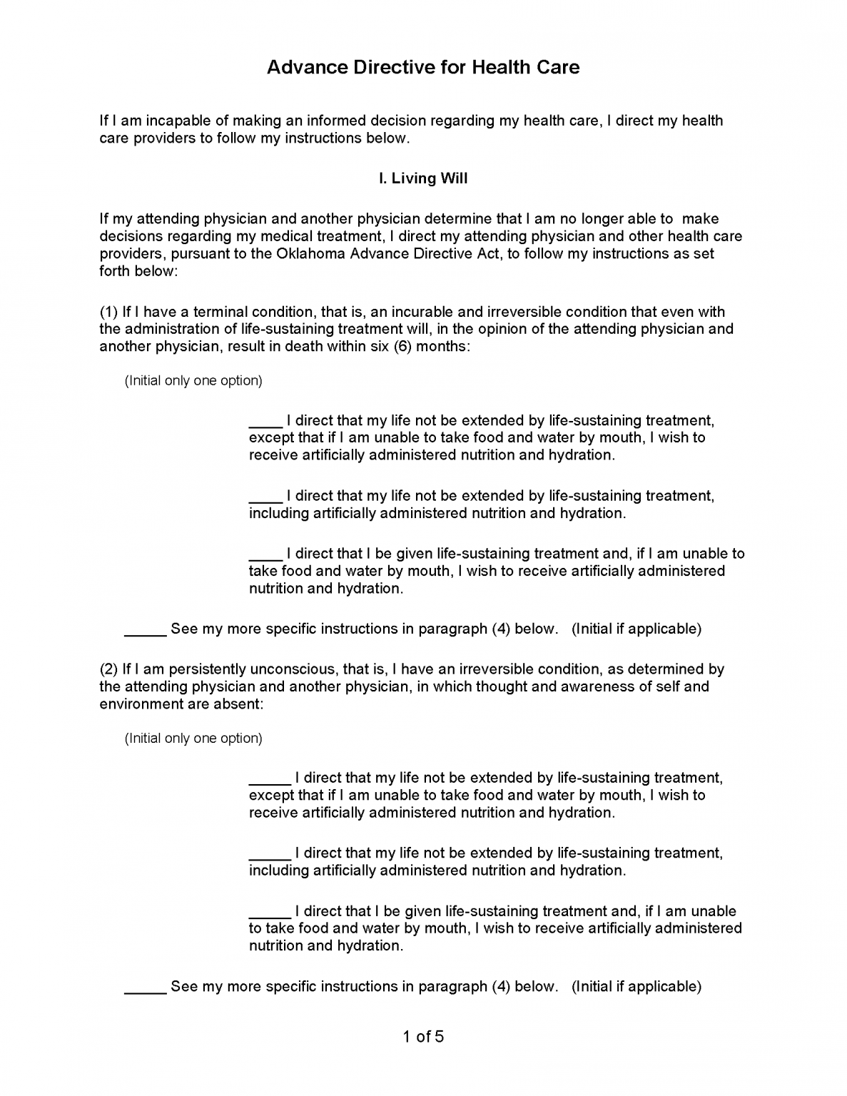 Free Oklahoma Advance Directive Form Template - PDF – eForms