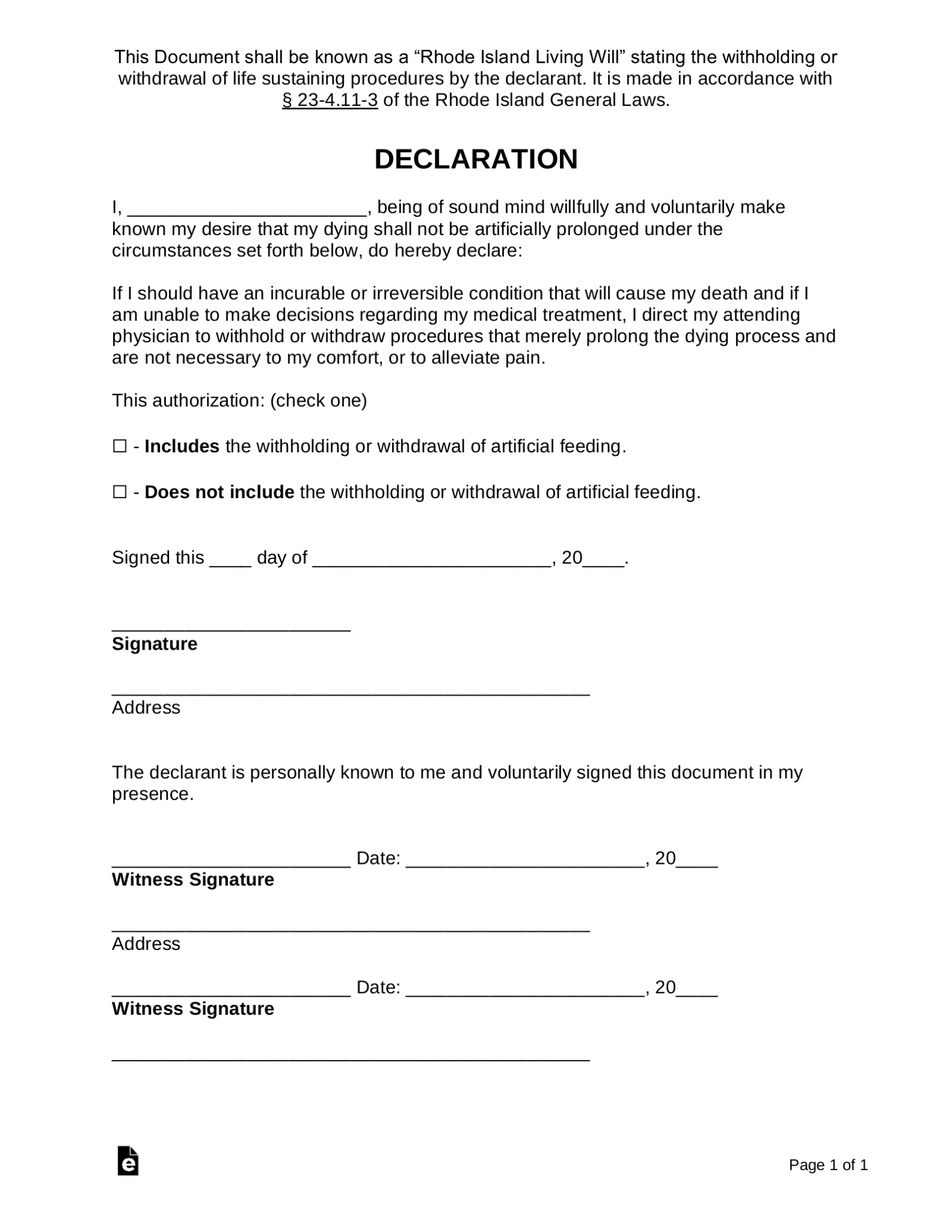Free Rhode Island Living Will Form Template - PDF | Word – eForms