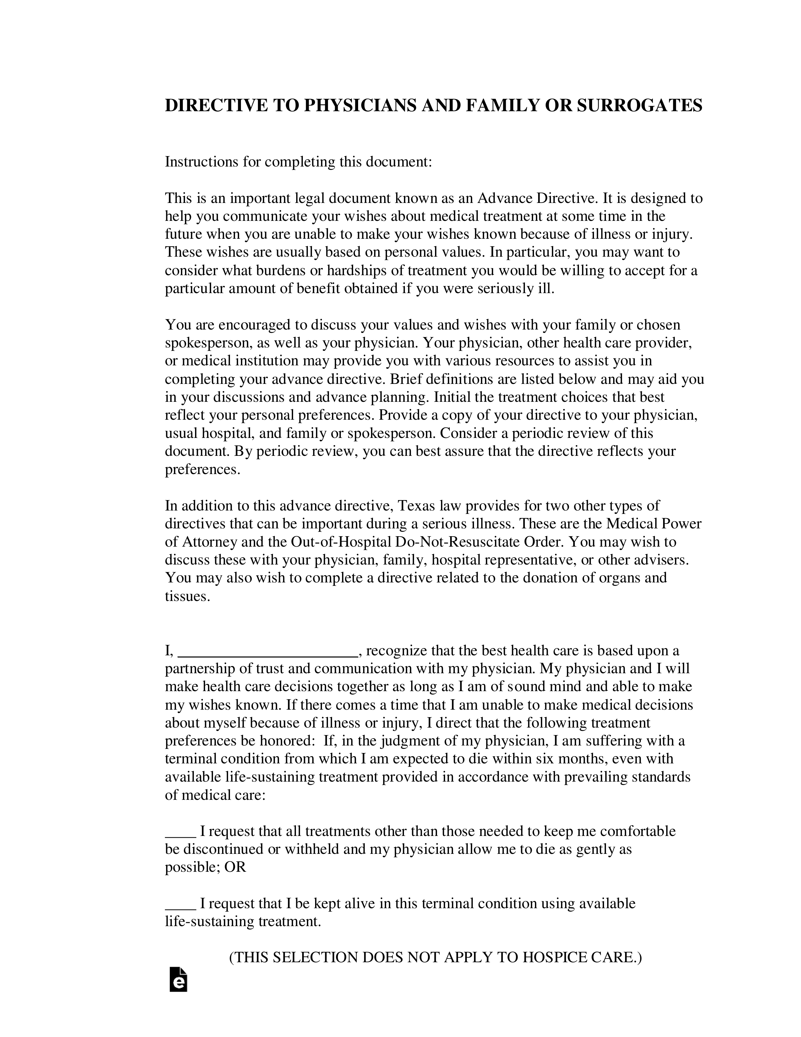 Free Texas Living Will Form Advance Directive To Physicians And 
