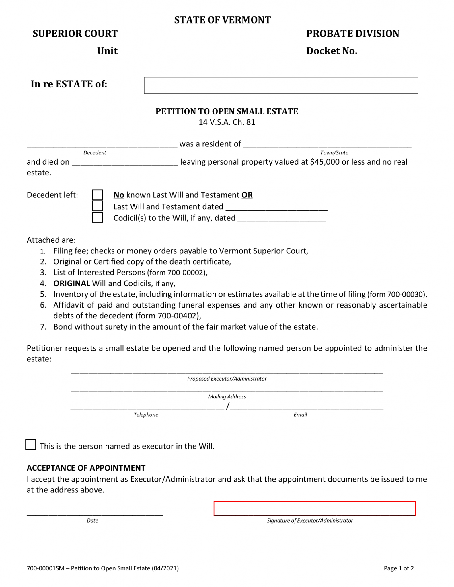 Free Vermont Small Estate Affidavit | Petition to Open Small Estate ...