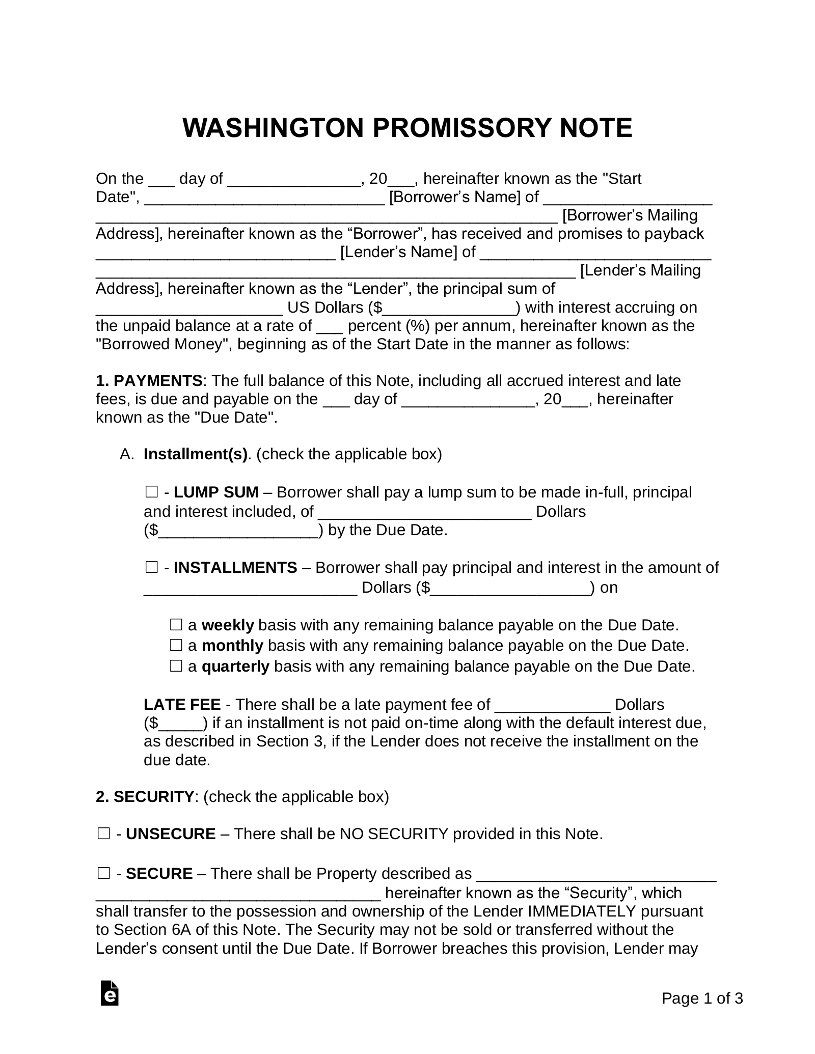 Free Washington Promissory Note Templates 2 PDF Word EForms
