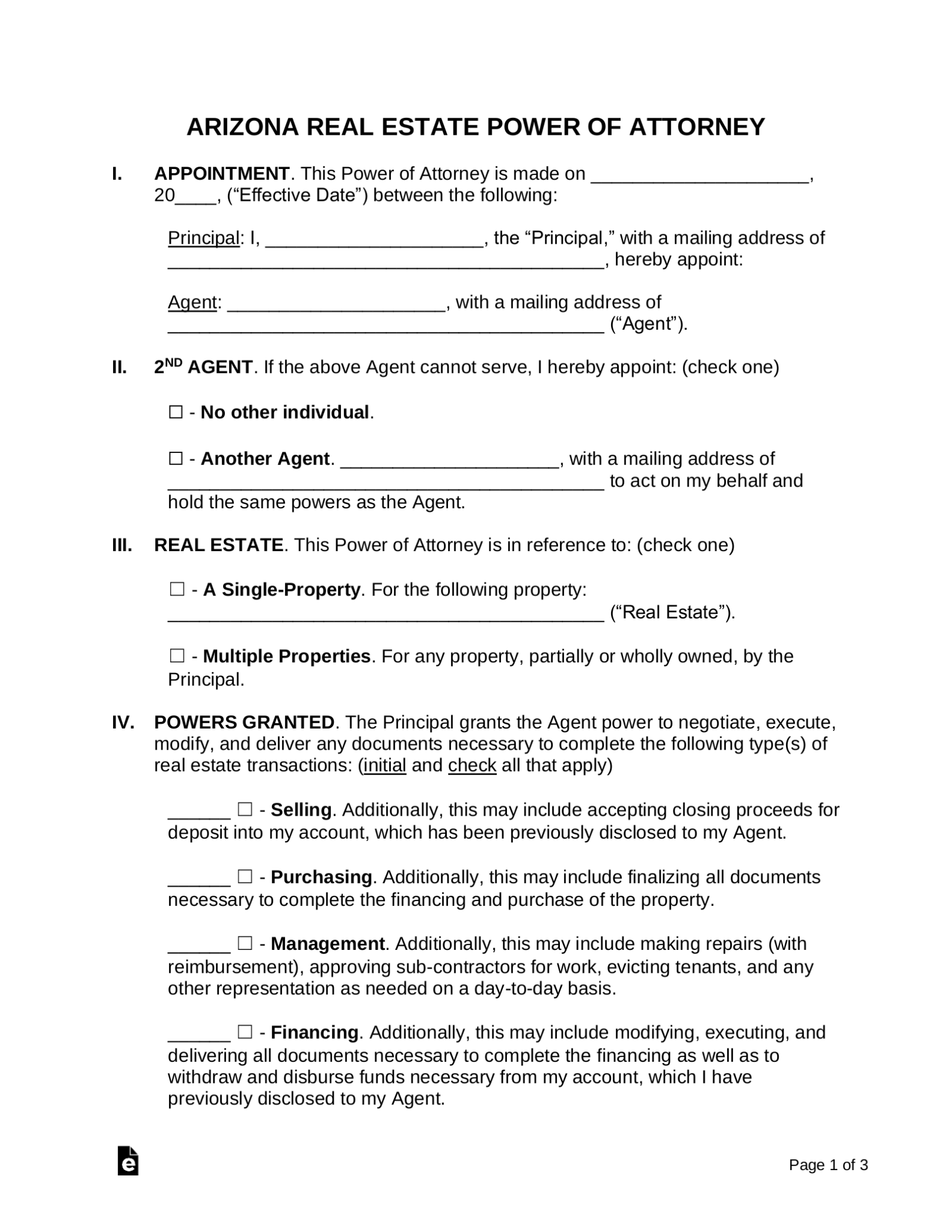 Free Arizona Real Estate Power of Attorney Form - PDF | Word – eForms