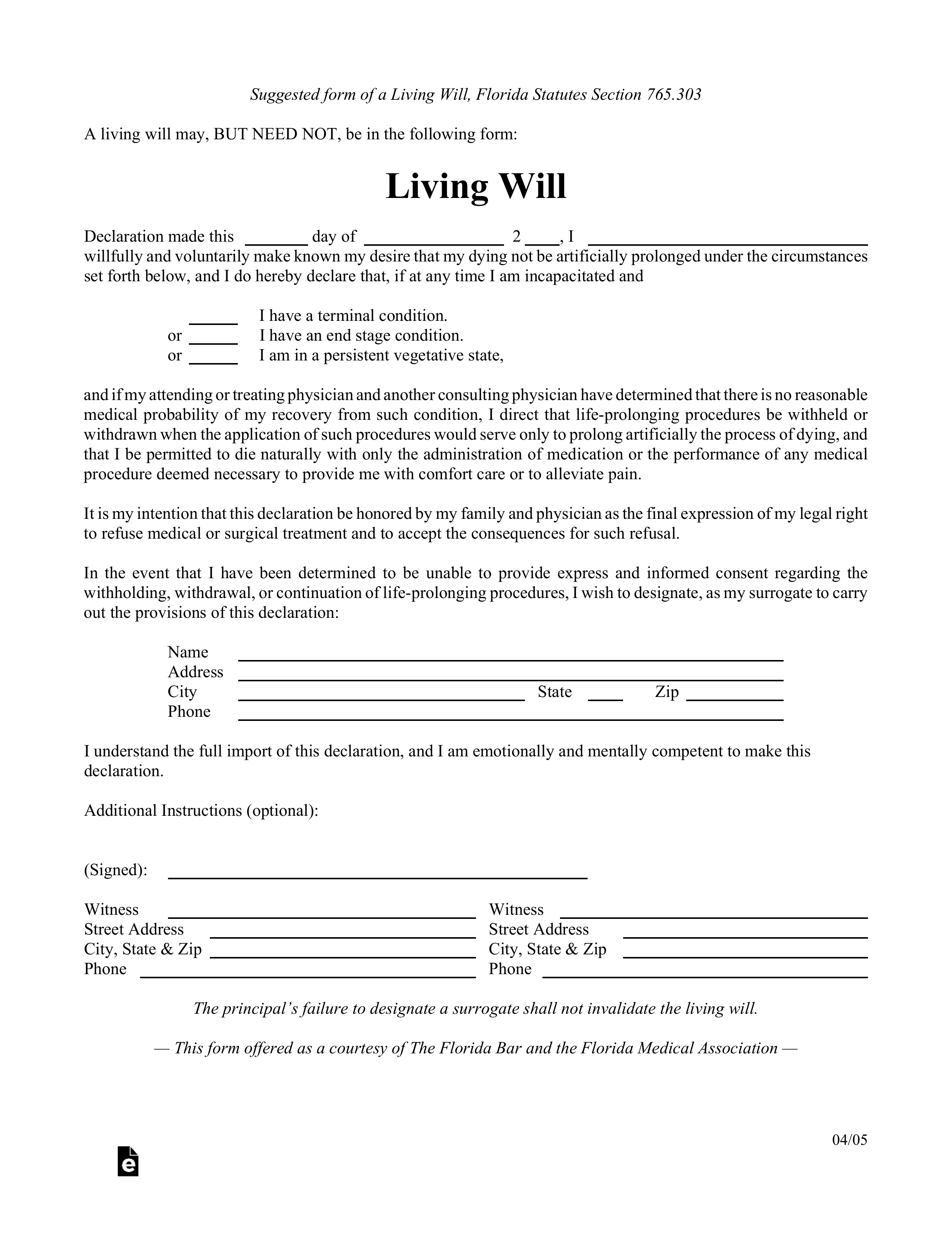 Florida Living Will Form 2023 Printable Forms Free Online