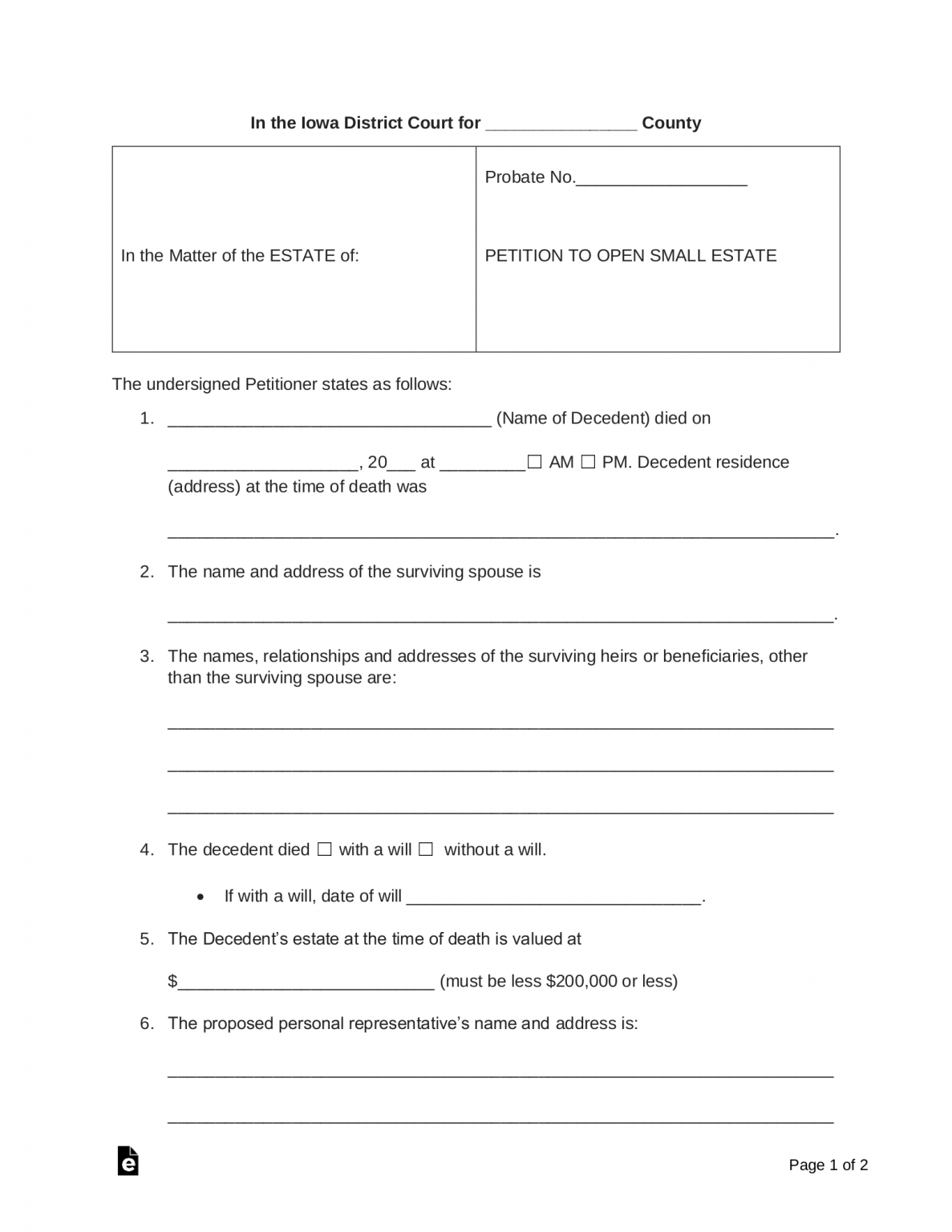 Free Iowa Small Estate Affidavit Form | Affidavit of Administration ...