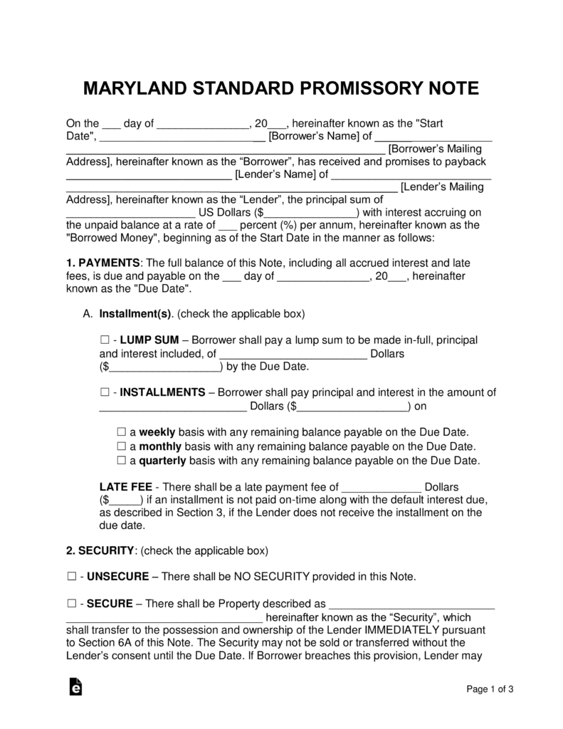 Free Maryland Promissory Note Templates 2 Word PDF EForms