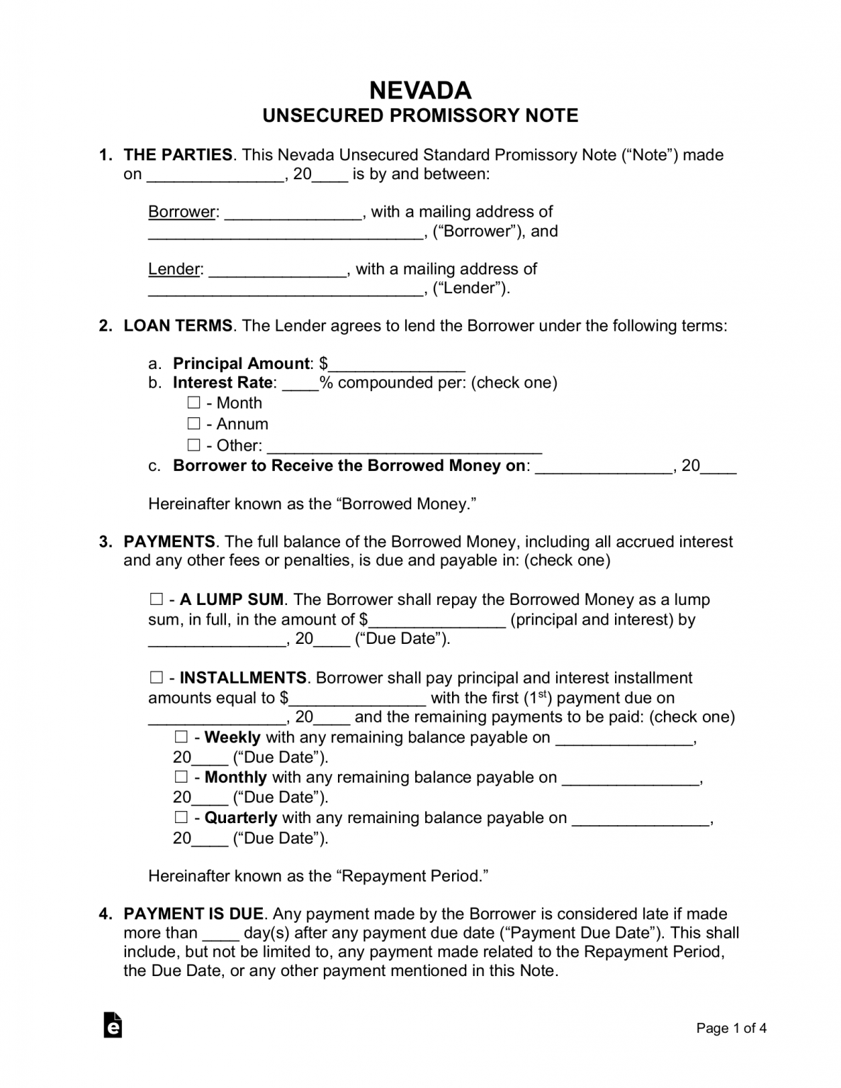 Free Nevada Unsecured Promissory Note Template - PDF | Word – eForms