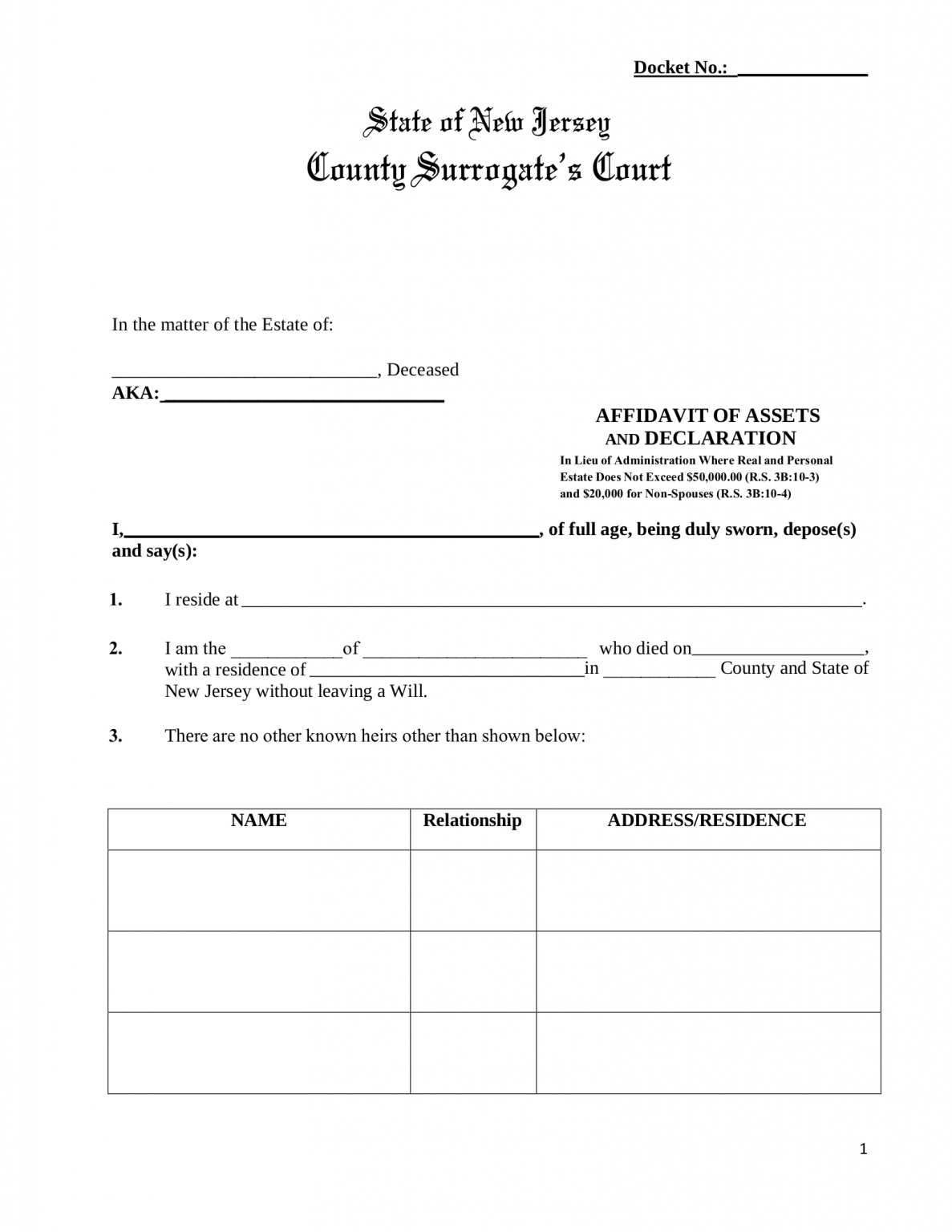 Free New Jersey Small Estate Affidavit Form - Affidavit of Assets and ...