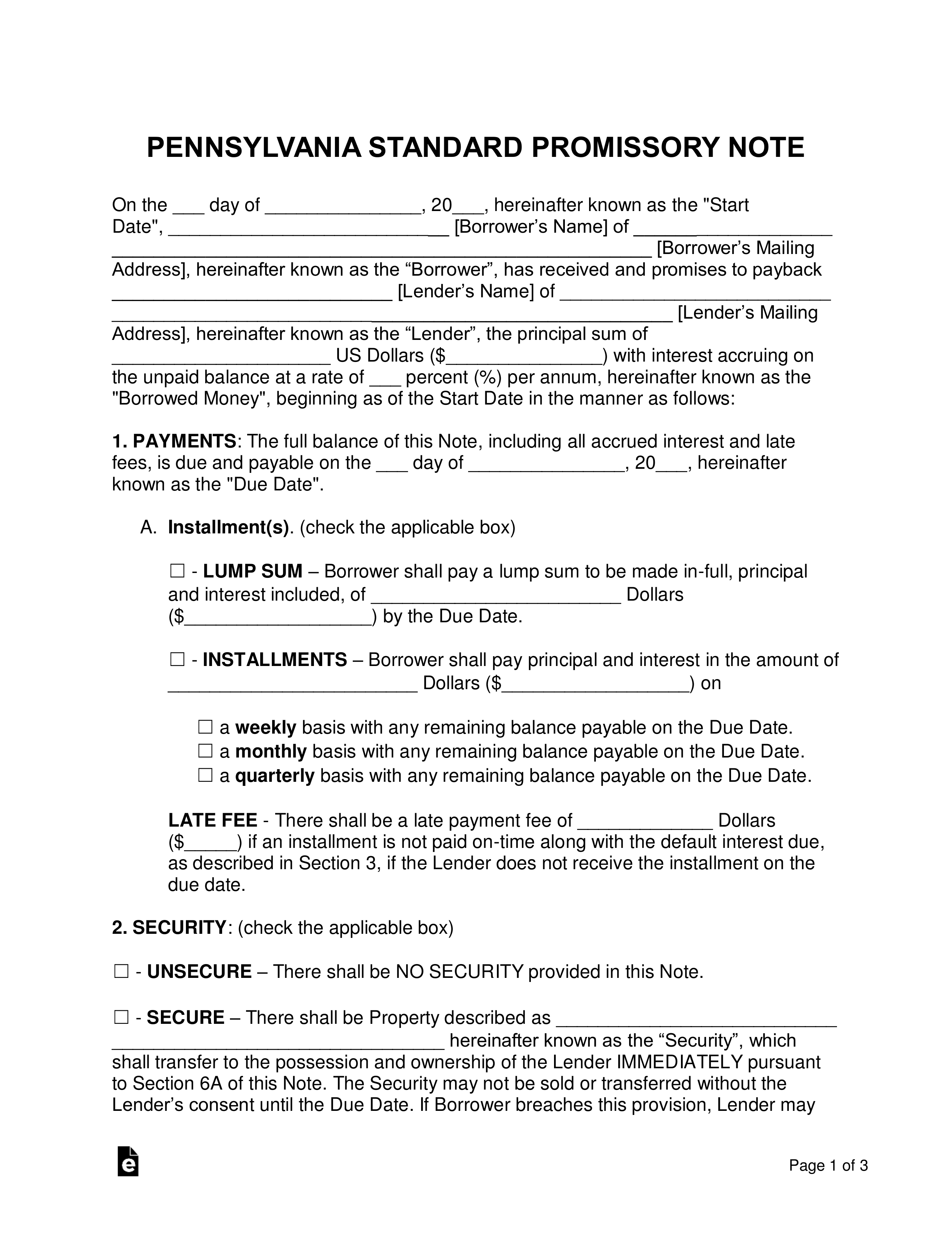Free Pennsylvania Promissory Note Templates 2 PDF Word EForms