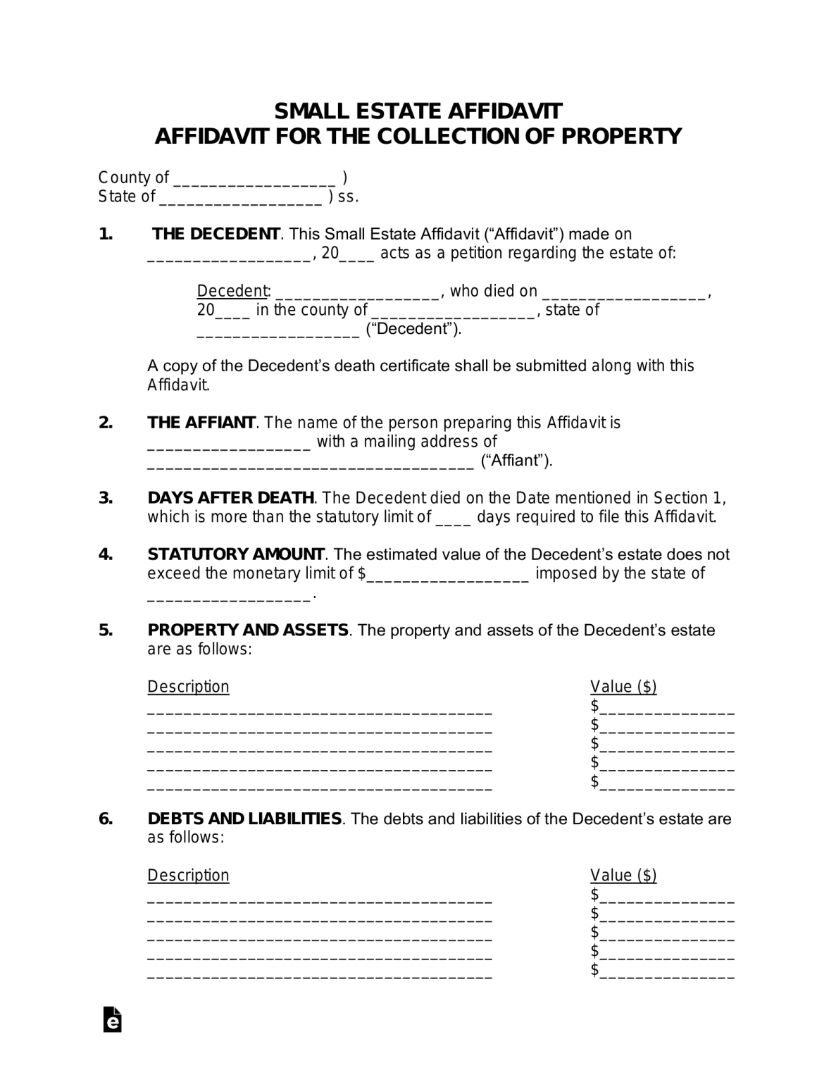 Free Small Estate Affidavit Form - PDF | Word – eForms