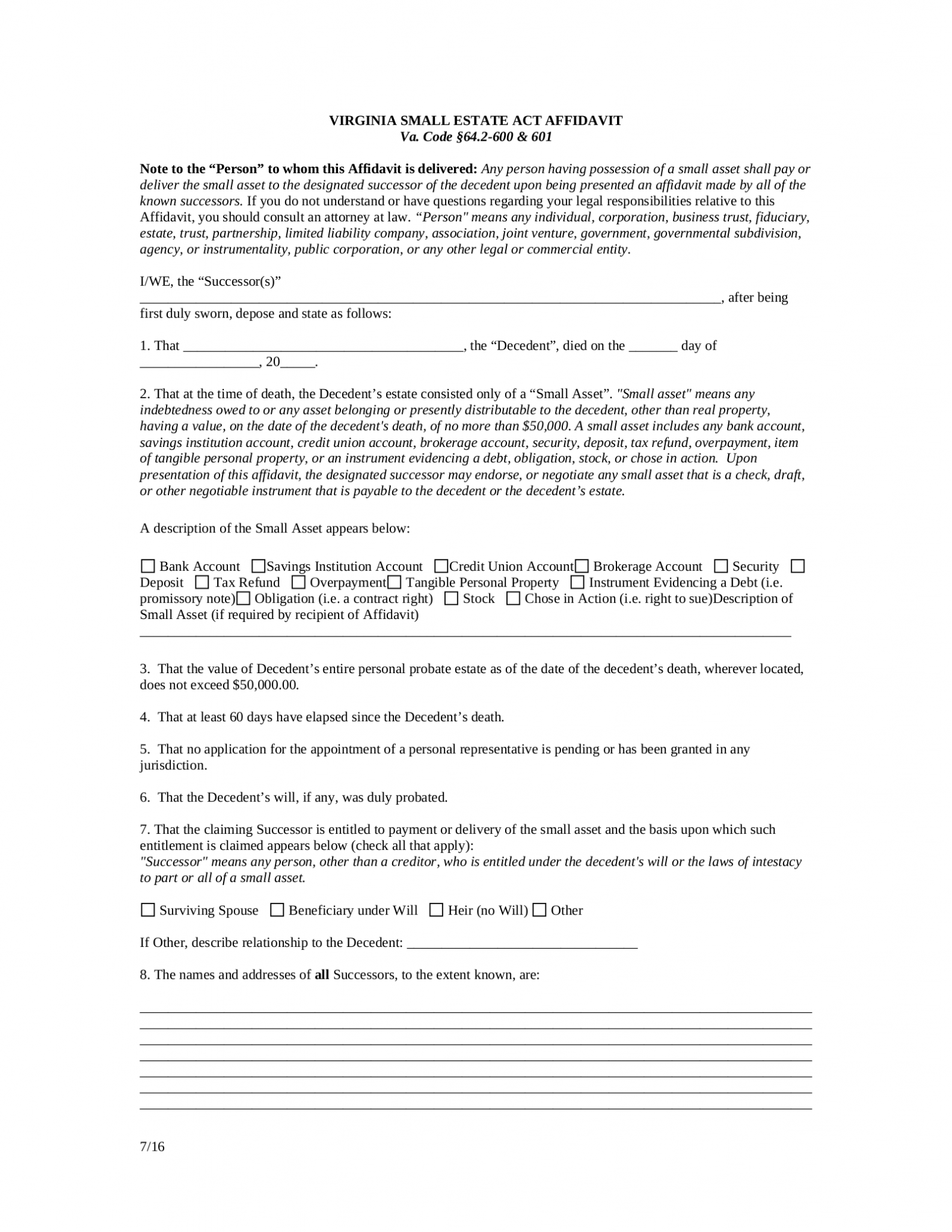 Free Virginia Small Estate Affidavit Form - PDF – eForms