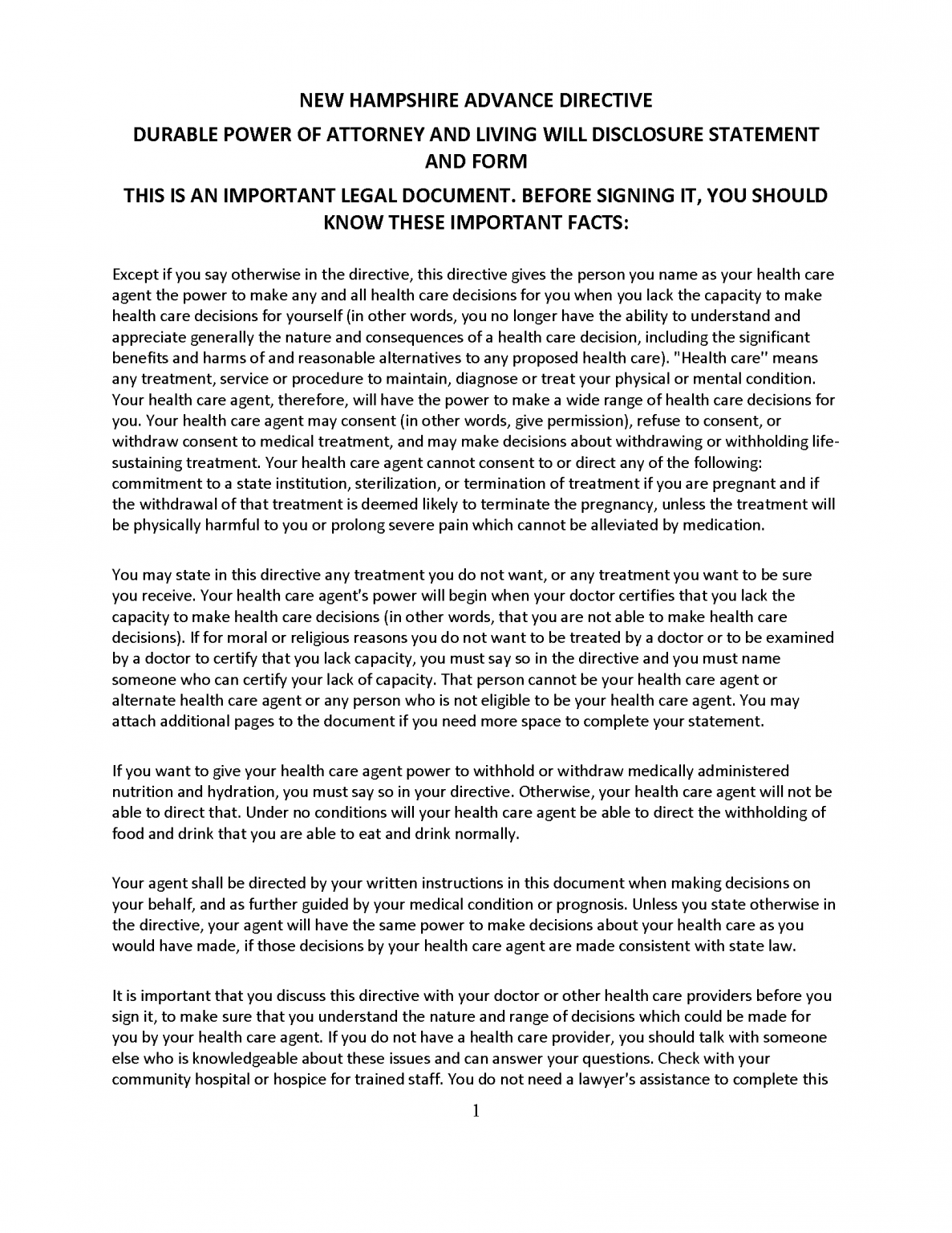 Free New Hampshire Advance Directive Form Template - PDF – eForms