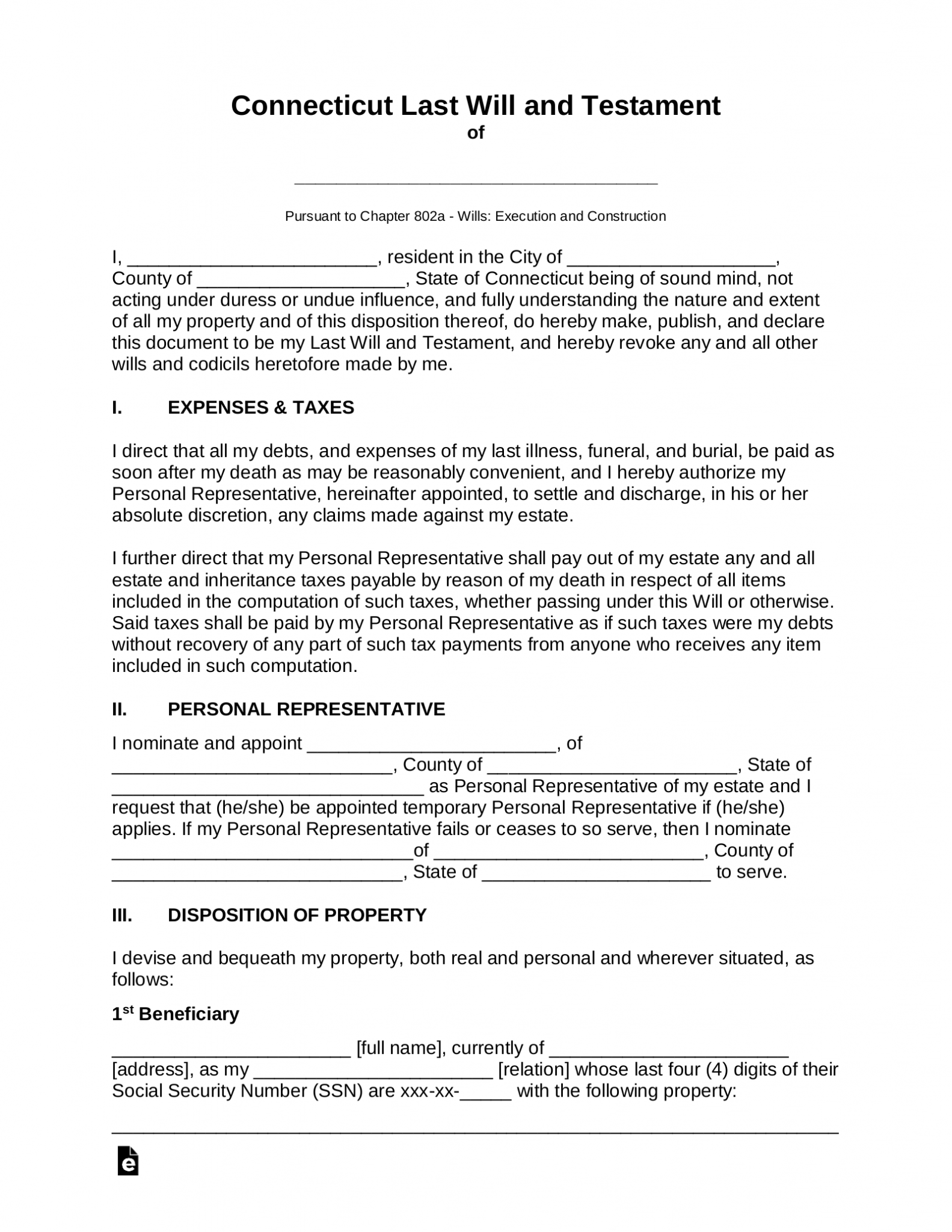 Free Connecticut Last Will and Testament Template - PDF | Word – eForms