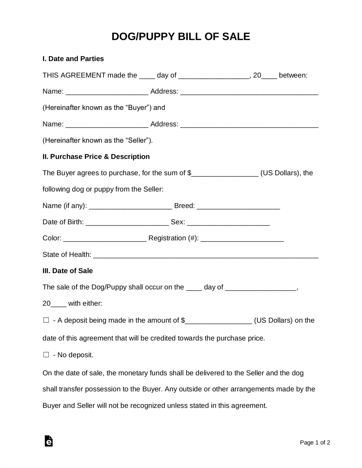 Free Dog/Puppy Bill of Sale Form - PDF | Word – eForms