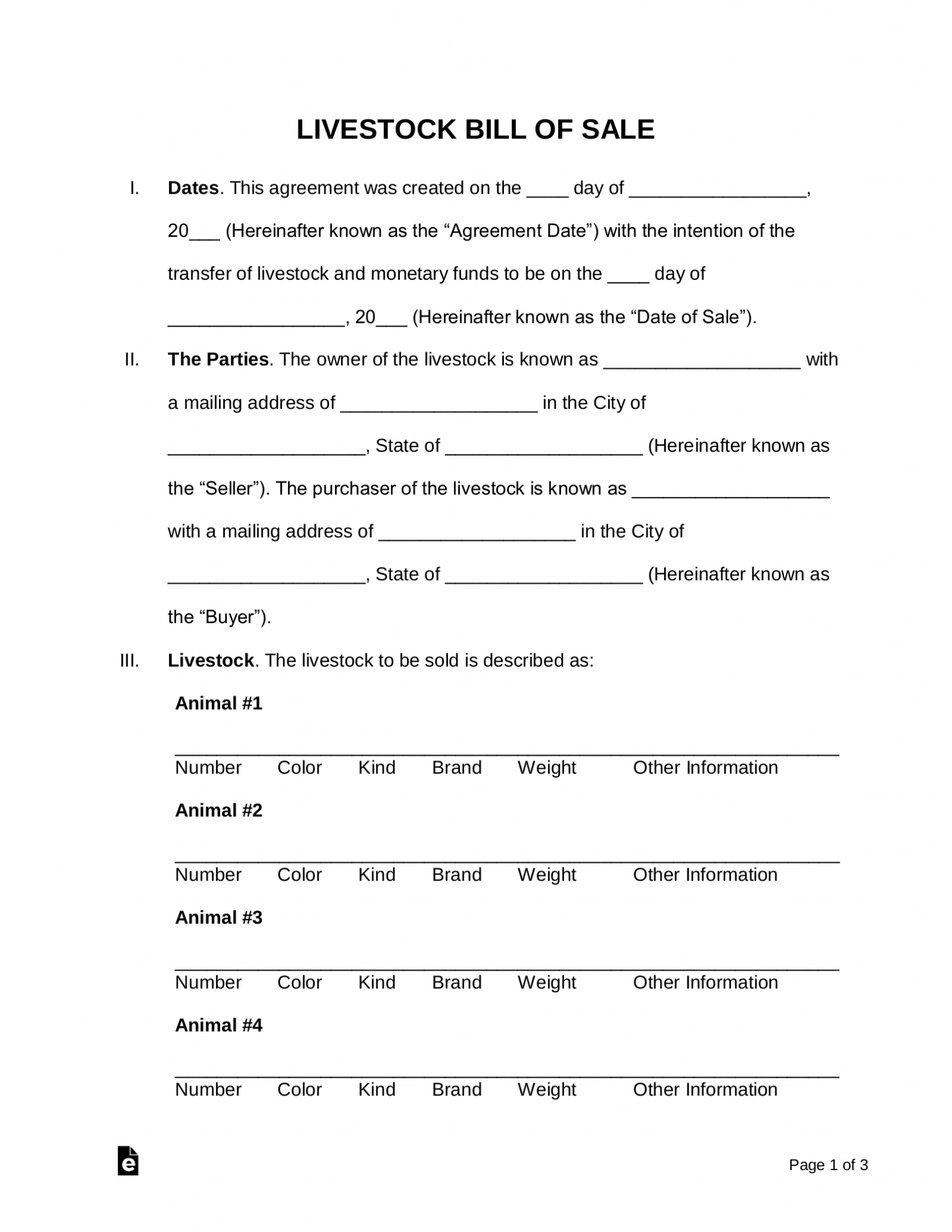 Free Livestock Bill of Sale Form - PDF | Word – eForms