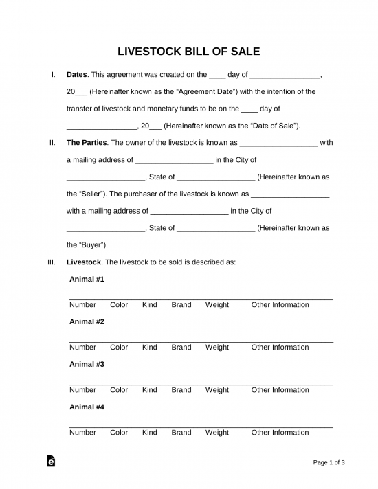 Free Livestock Bill Of Sale Form PDF Word EForms