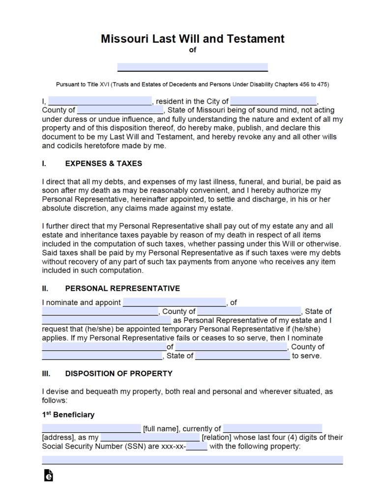 Free Missouri Last Will And Testament Template PDF Word EForms