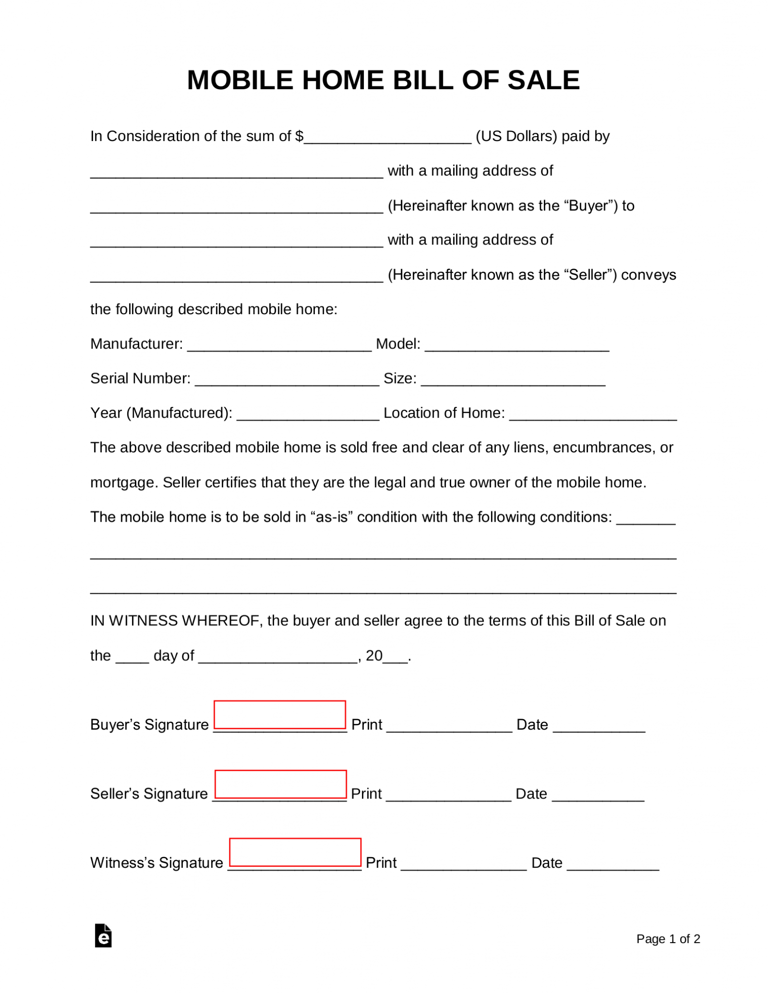 Free Mobile (Manufactured) Home Bill of Sale Form - PDF | Word – eForms