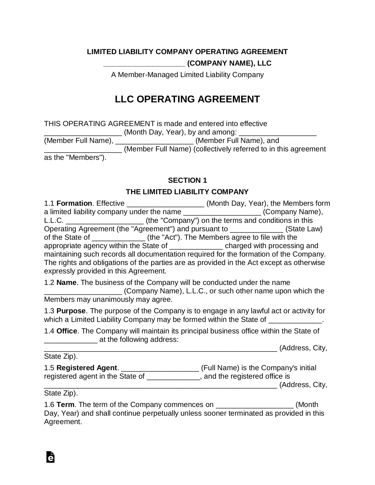 Free Single-Member LLC Operating Agreement Template - PDF | Word – eForms