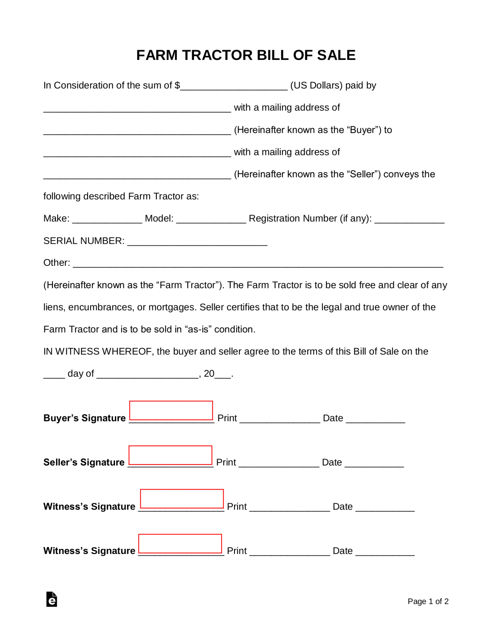Free Farm Tractor Bill of Sale Form - PDF | Word – eForms