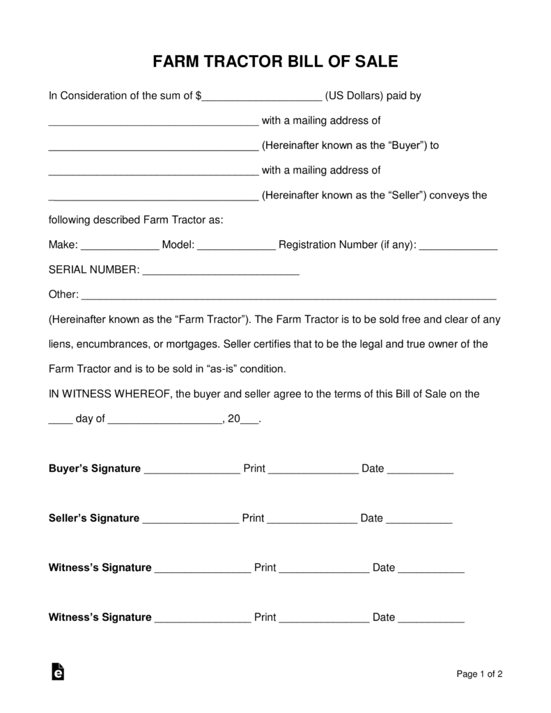 Bill Of Sale For Tractor