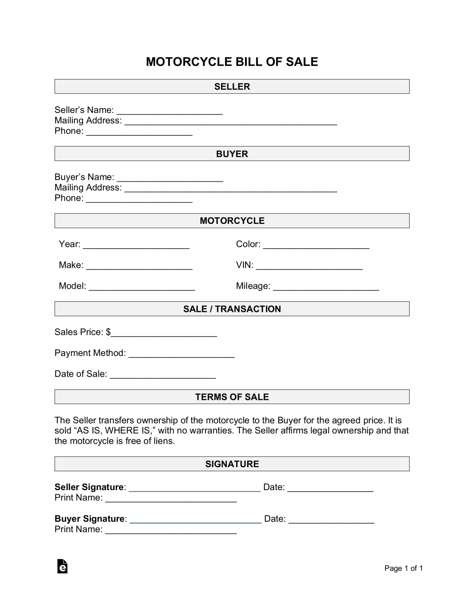 Free Motorcycle Sales Receipt Template - PDF | Word – eForms